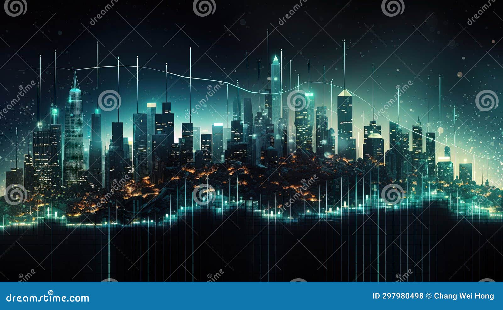 City Skyline with a Prominent Line Graph Superimposed in the Foreground ...