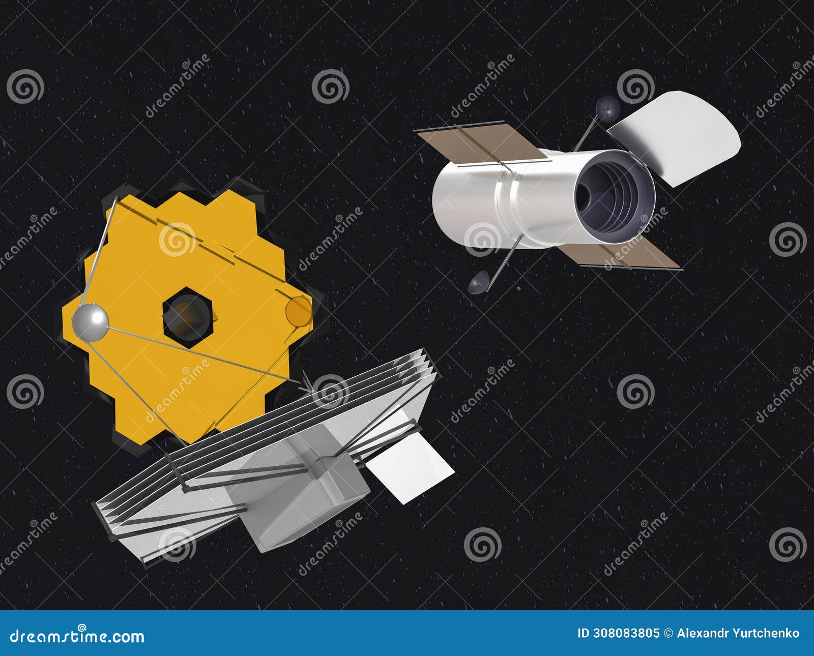 JWST and Hubble Space Telescopes in Outer Space Stock Illustration ...