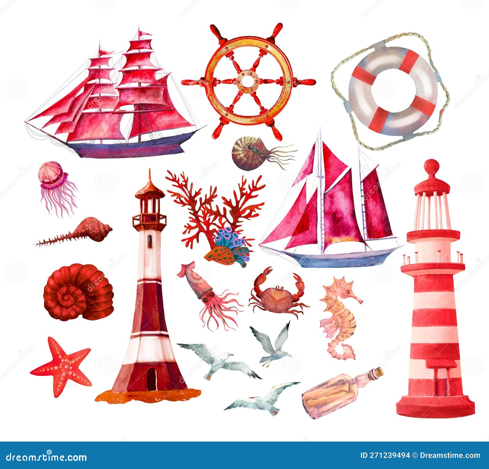 Red Nautical Set, Lighthouses and Ships, Sea Inhabitants, Sea Wheel ...