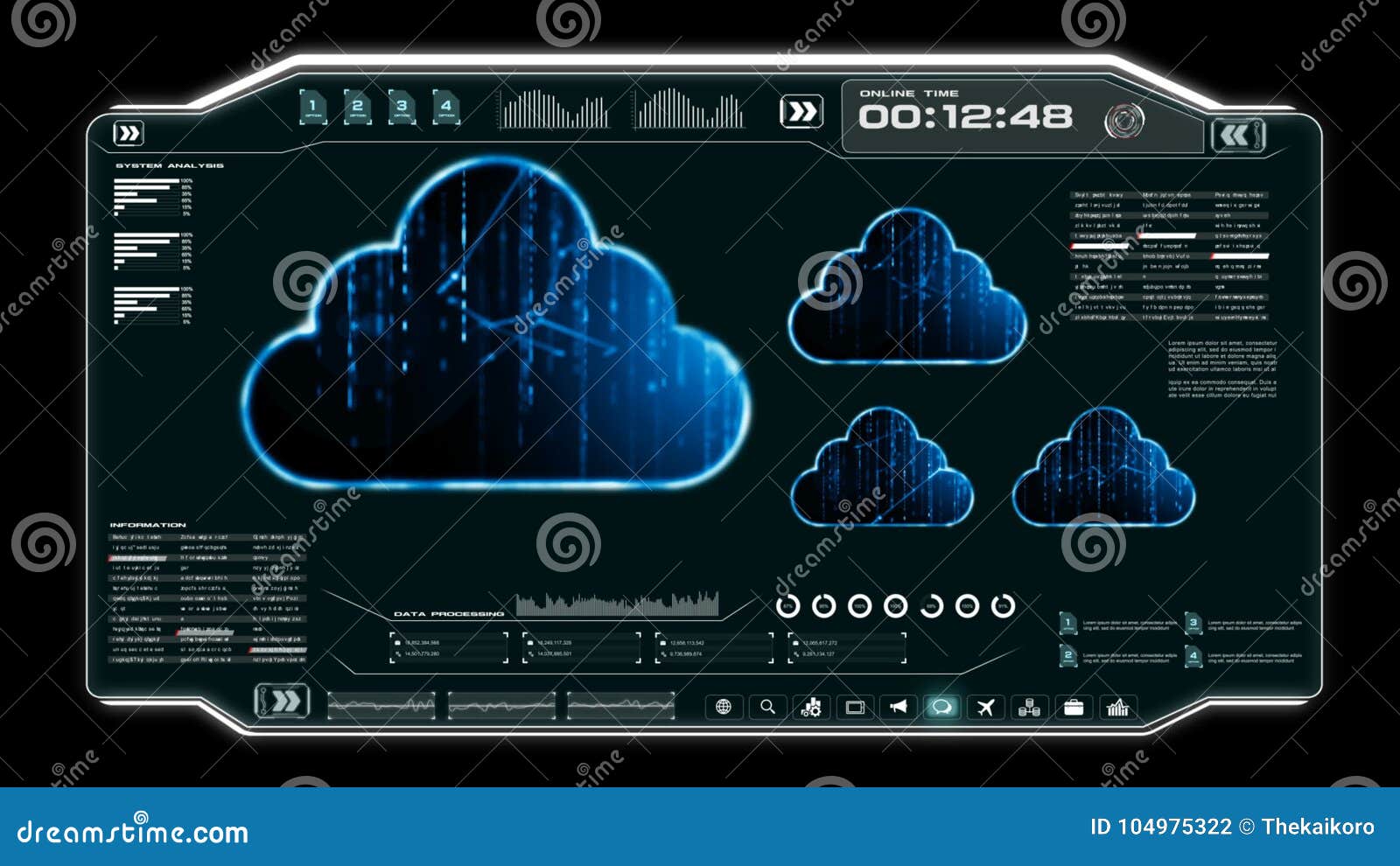 4K Animation UI User Interface with Cloud Computer Data HUD Pi Bar Text ...
