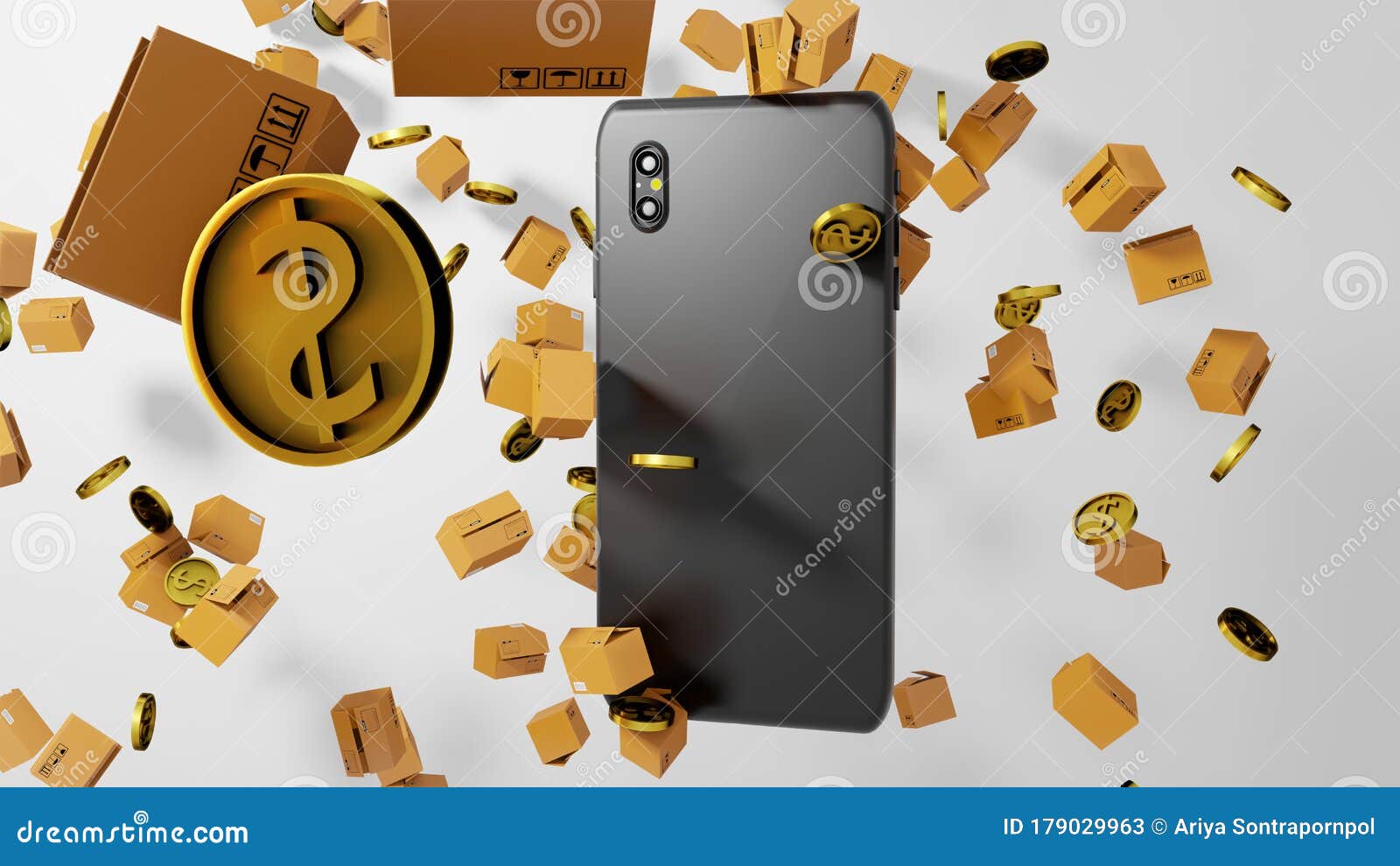 8K 3D Render Smartphone`s Back View with Parcels and Golden Coins ...