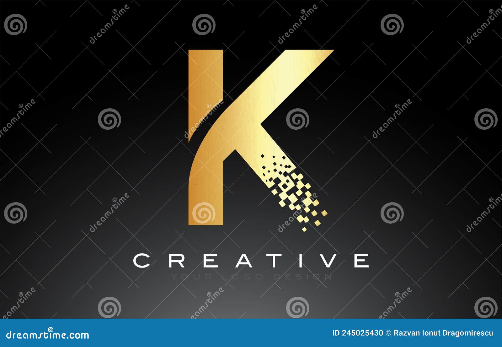 K Initial Letter Logo Design with Digital Pixels in Golden Colors Stock ...