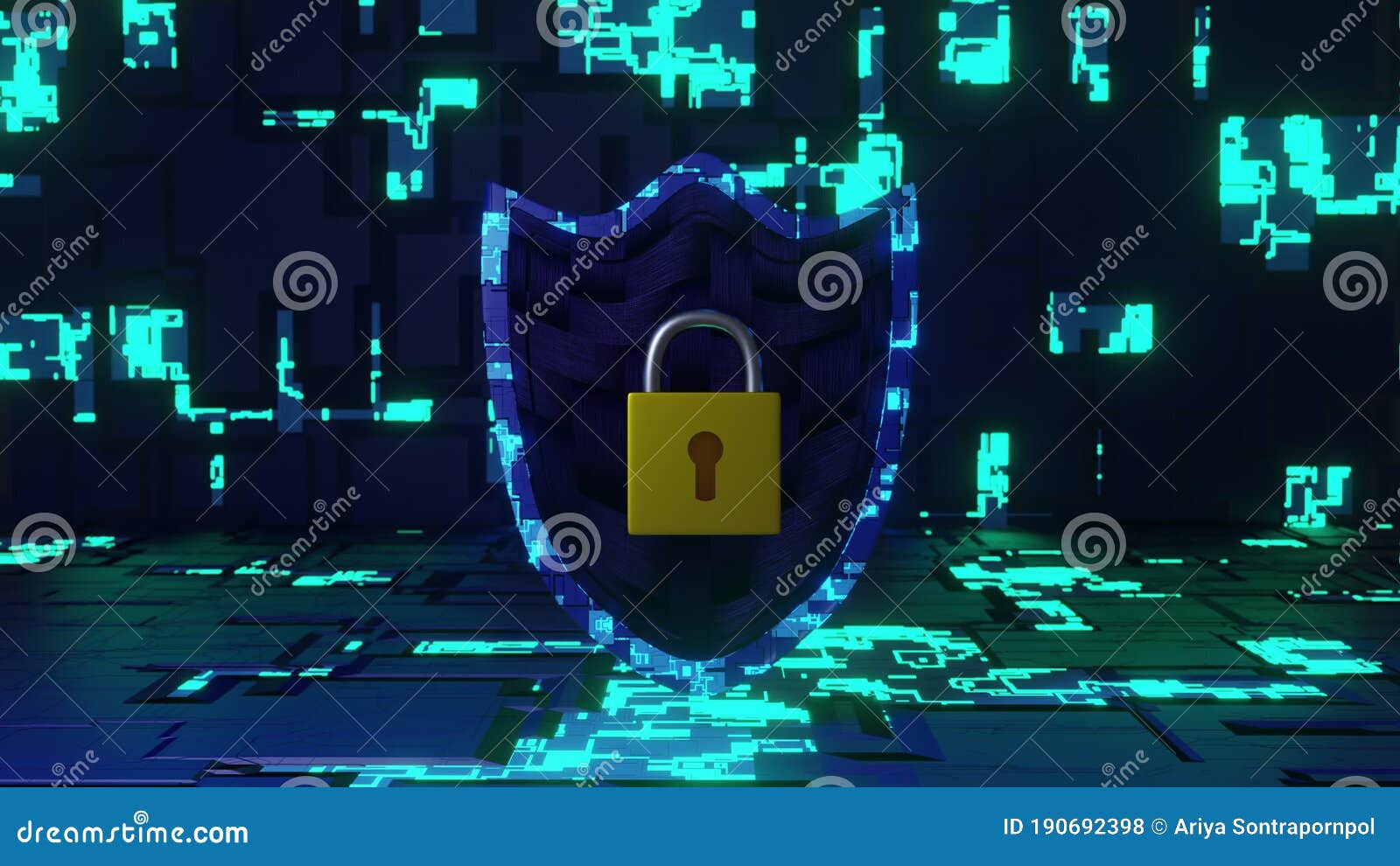 Abstract Cyber Security Shield in Futuristic Circuit Board Look and Background Rotate Seamless ...