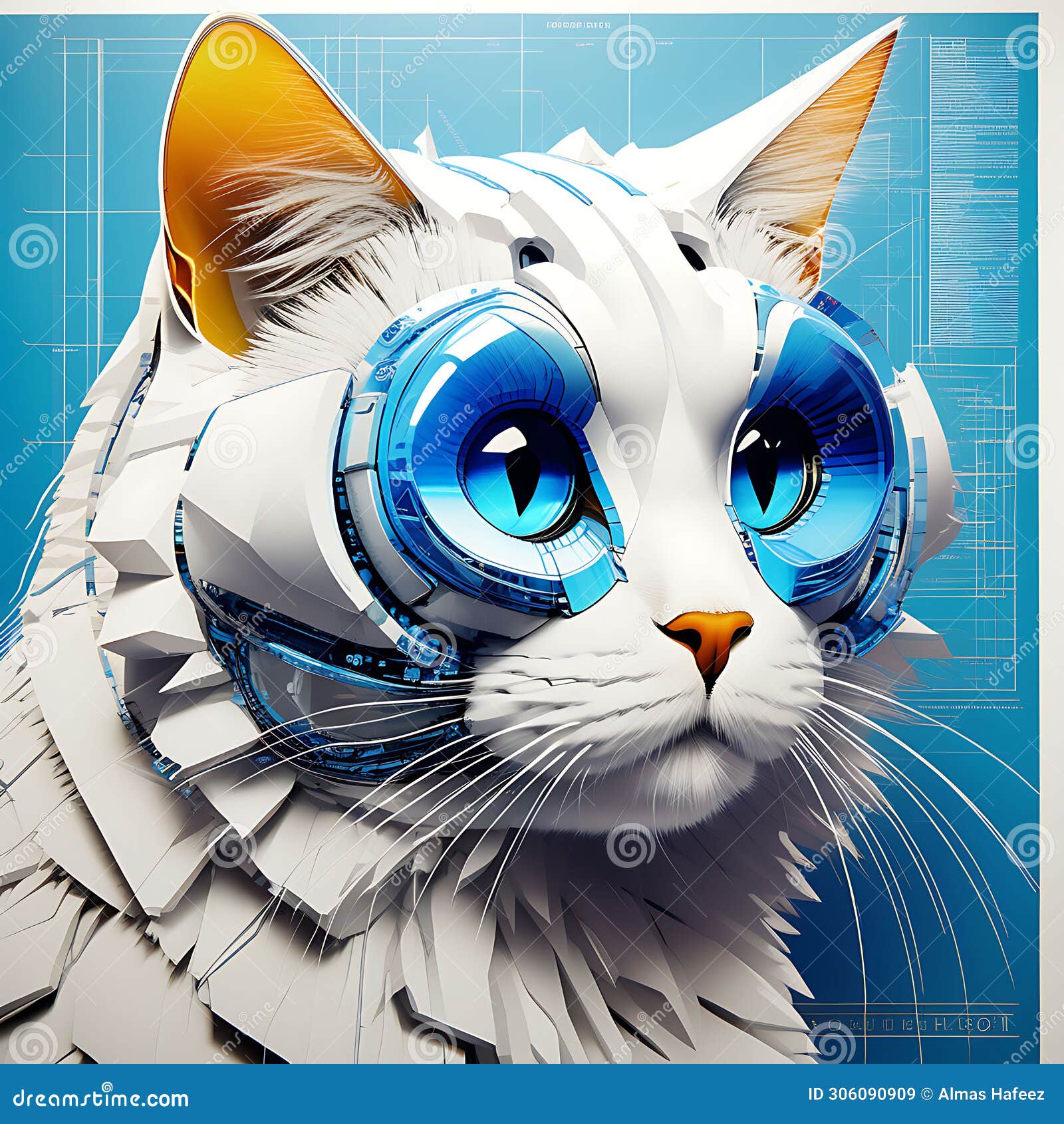 16K Technical Drawings of a Cybernetic Cat - Realistic Front and Side ...
