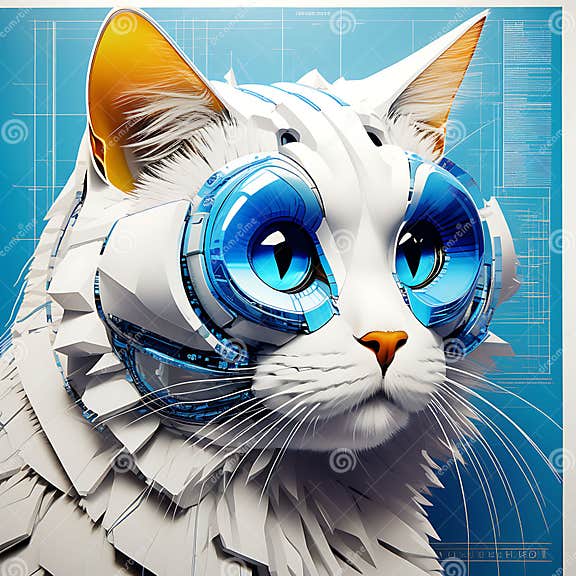 16K Technical Drawings of a Cybernetic Cat - Realistic Front and Side ...