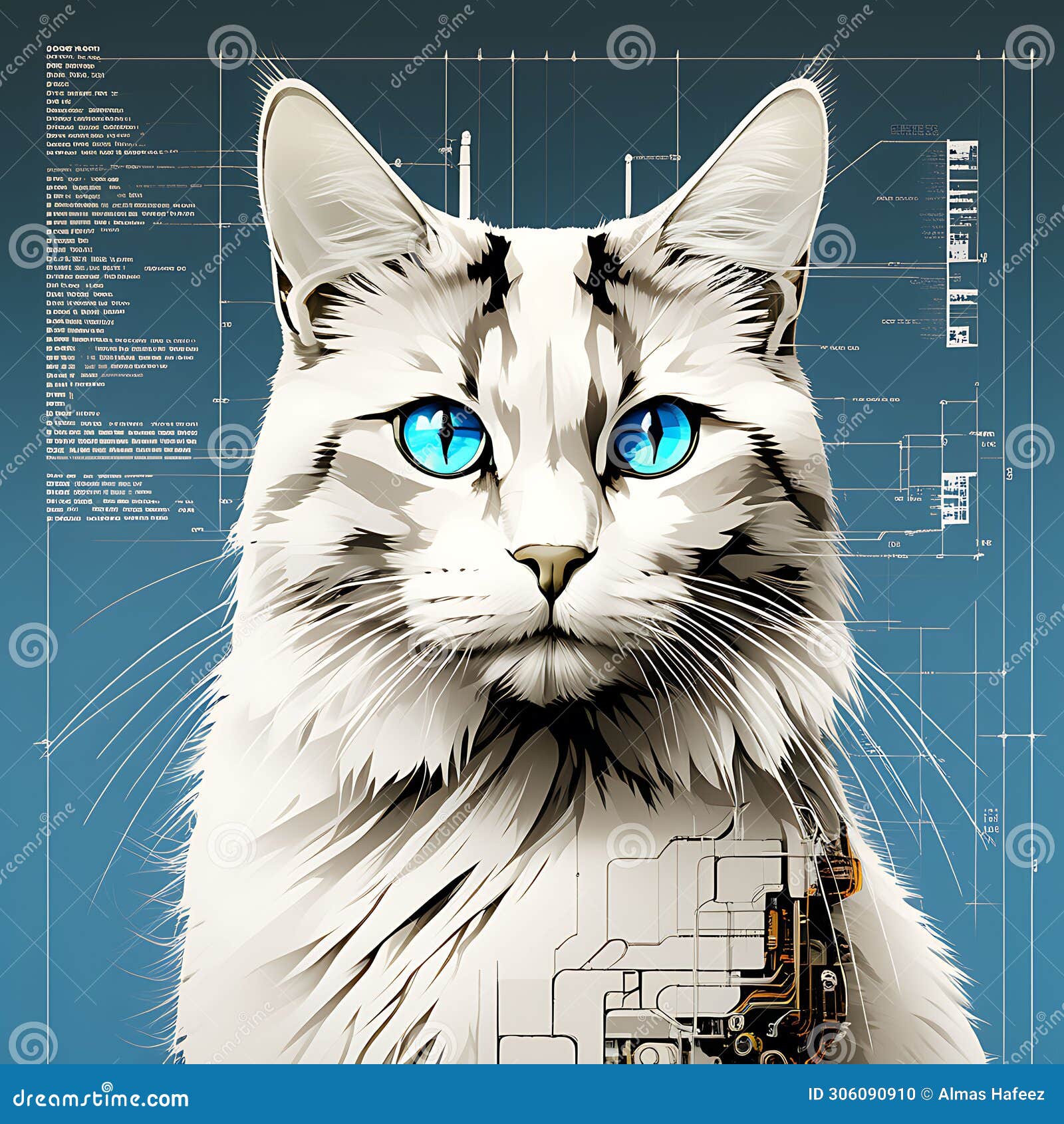 16K Technical Drawings of a Cybernetic Cat - Realistic Front and Side ...