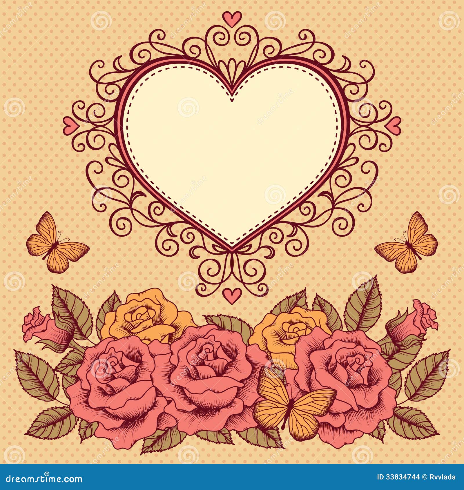 Kader Met Bloemen, Vlinders En Hart Vector Illustratie - Illustration ...