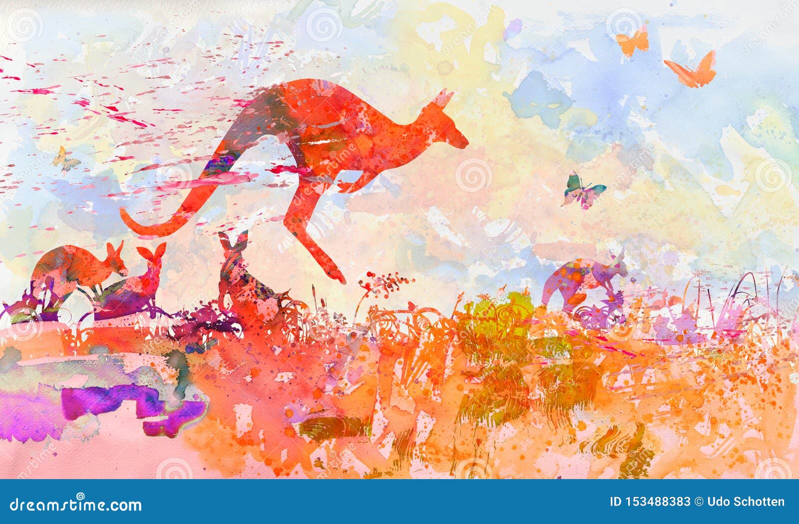 Watercolor with Kangaroos in Australia Stock Illustration ...