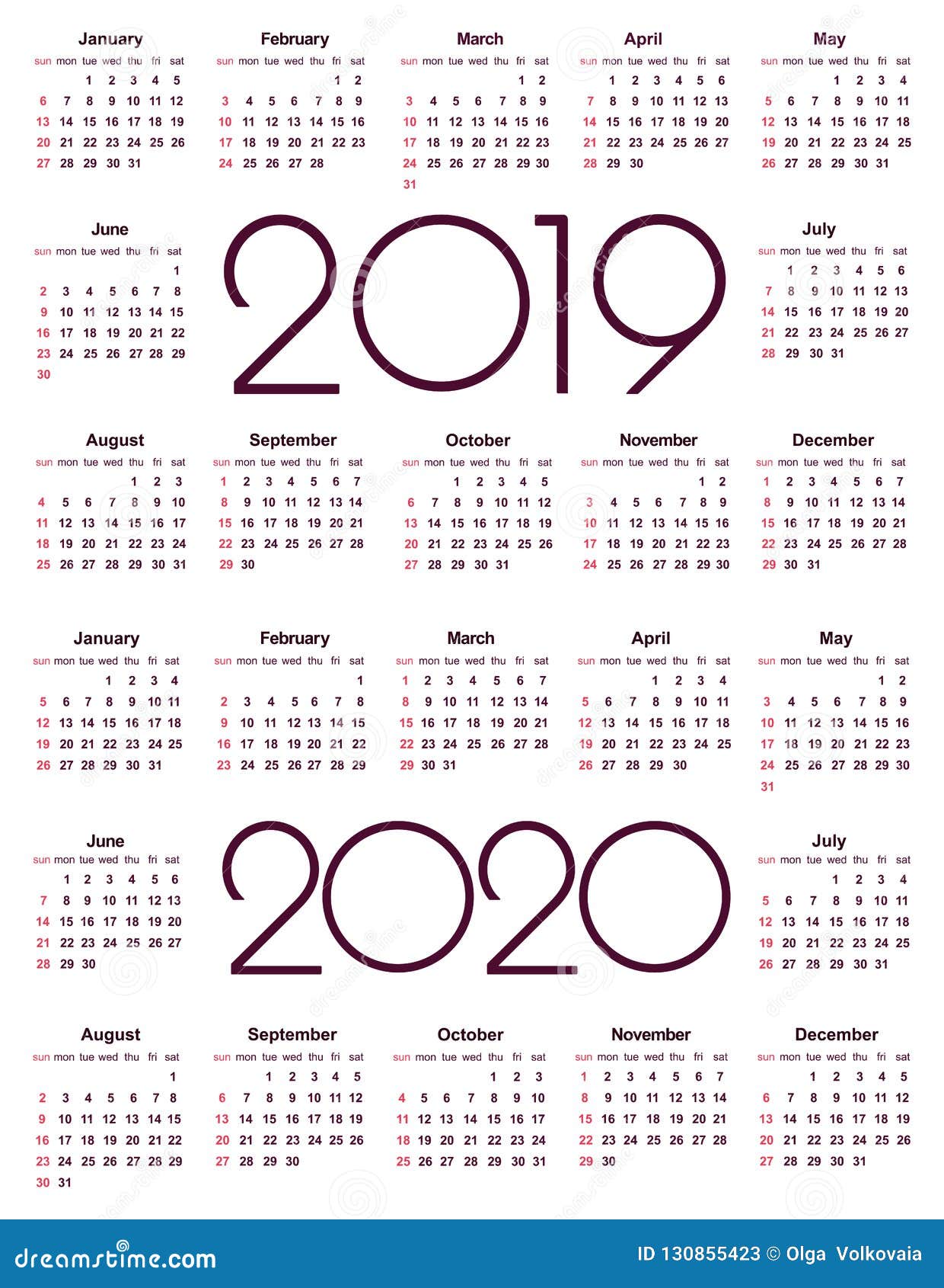 Kalendarz 2019 i 2020 rok ilustracja wektor. Ilustracja złożonej z ...