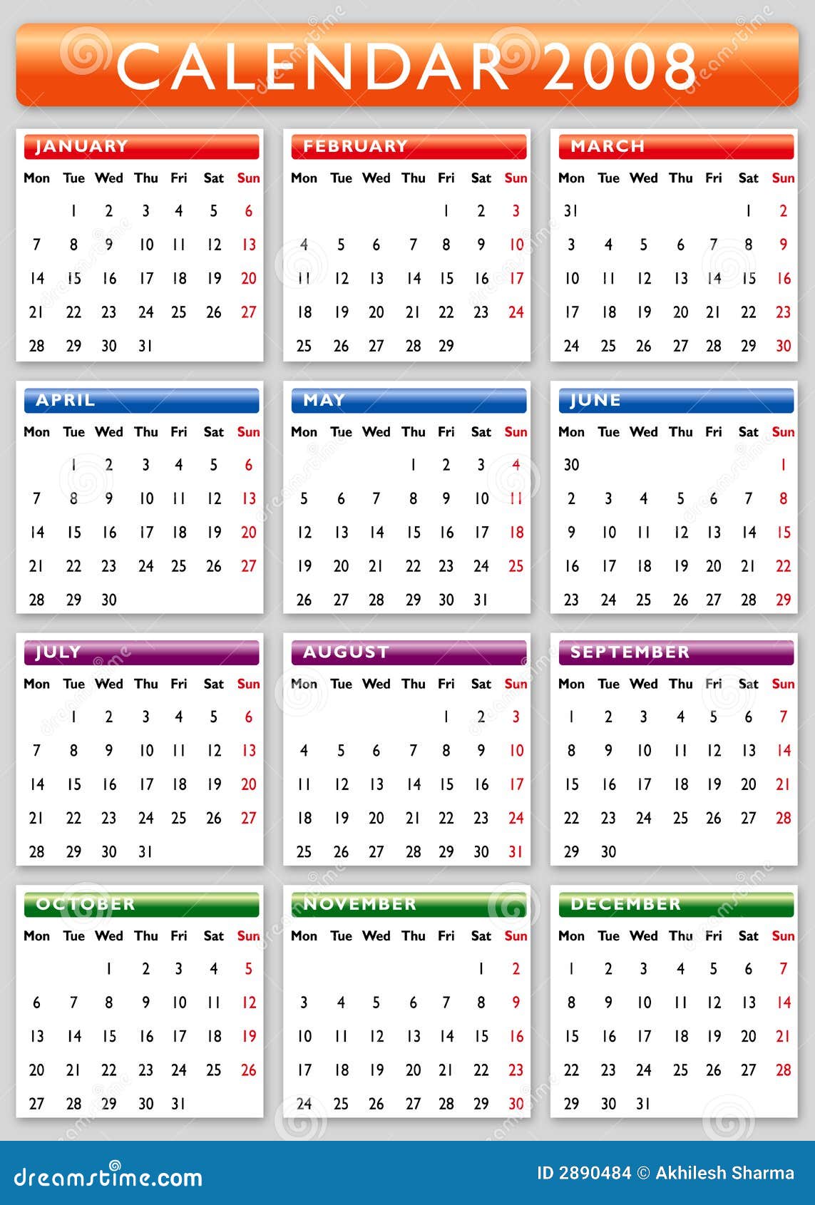 Kalender 2008 stock abbildung. Illustration von monate - 2890484