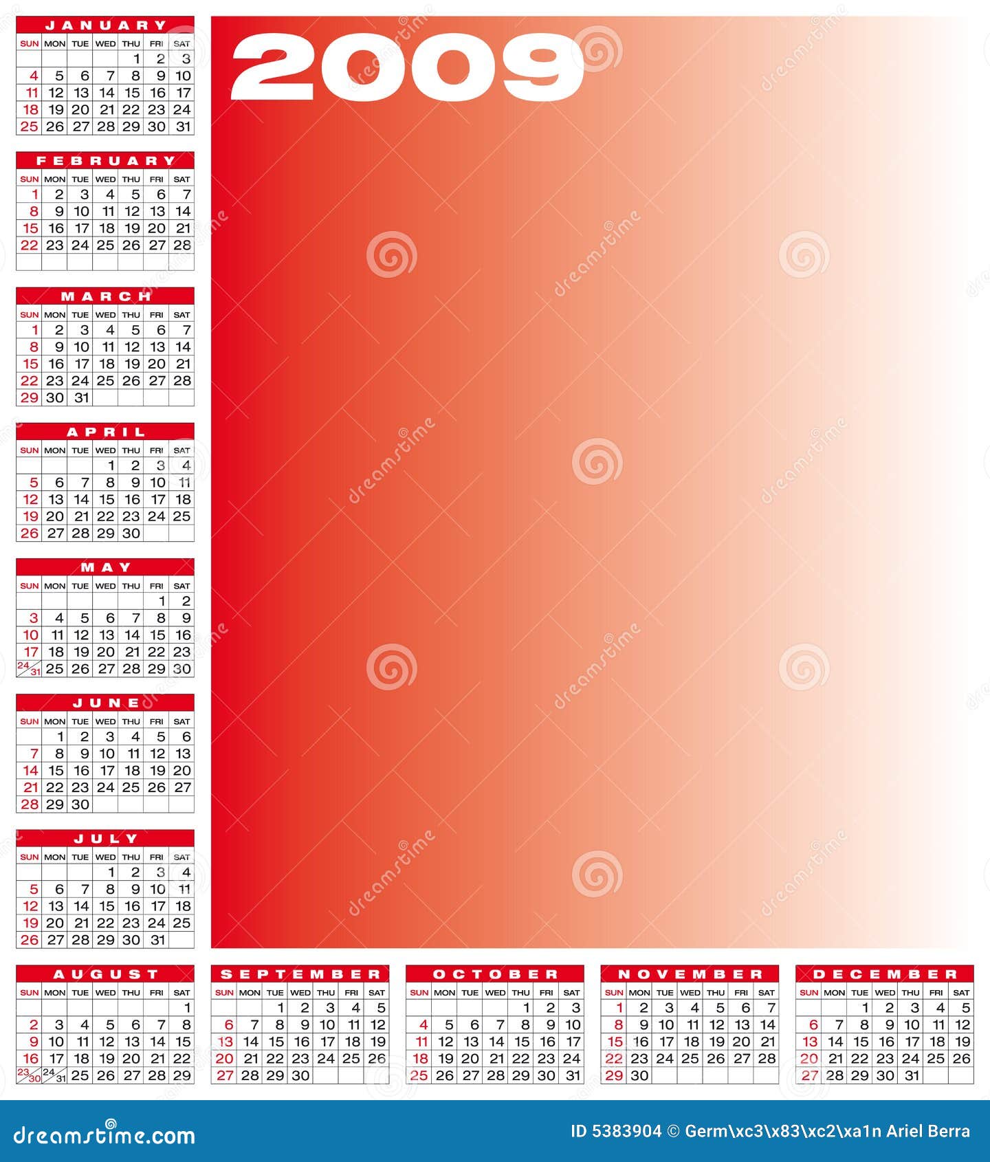 Kalender 2009 vektor abbildung. Illustration von tagesordnung - 5383904