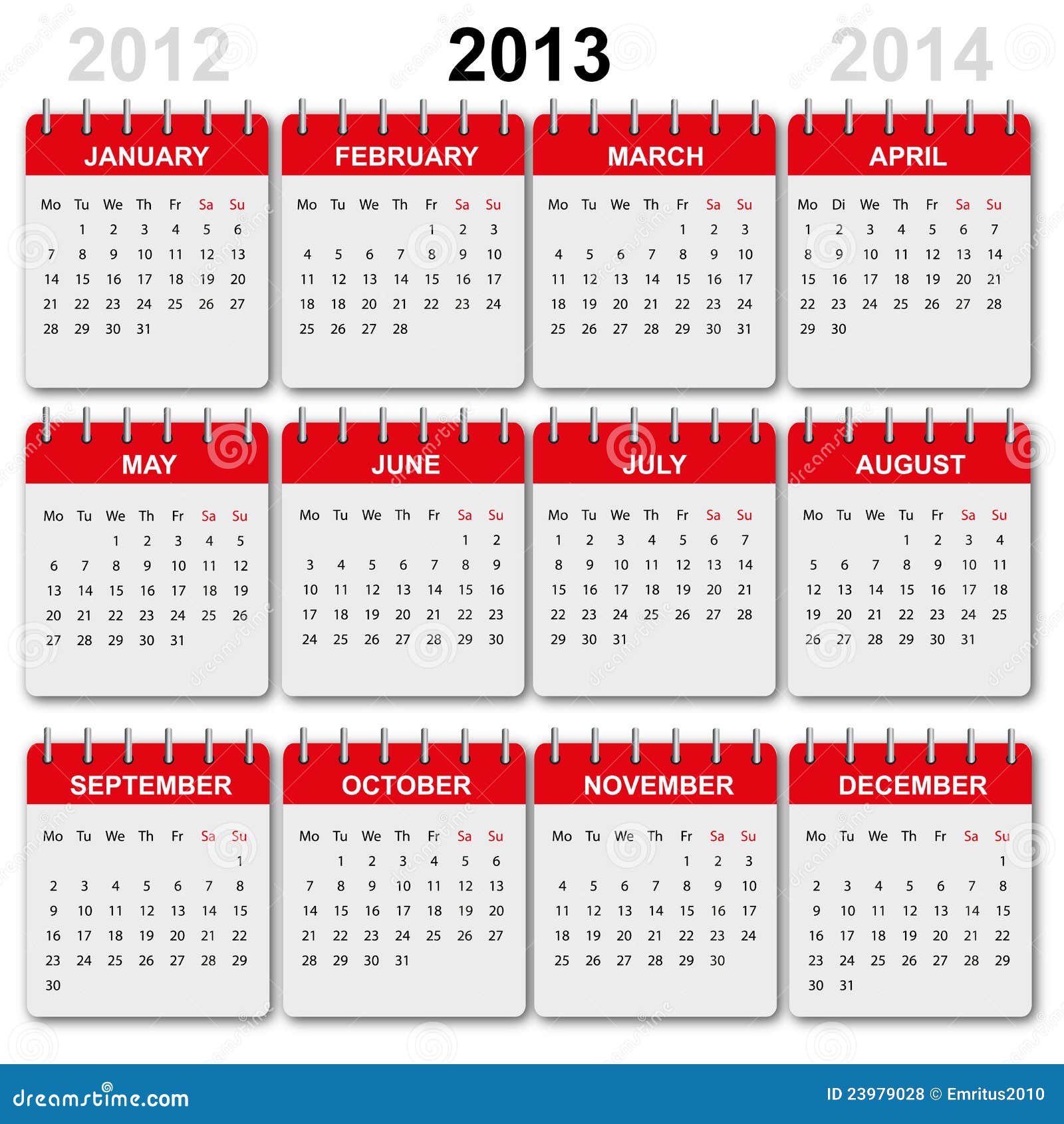 Kalender 2013, englisch stock abbildung. Illustration von international ...