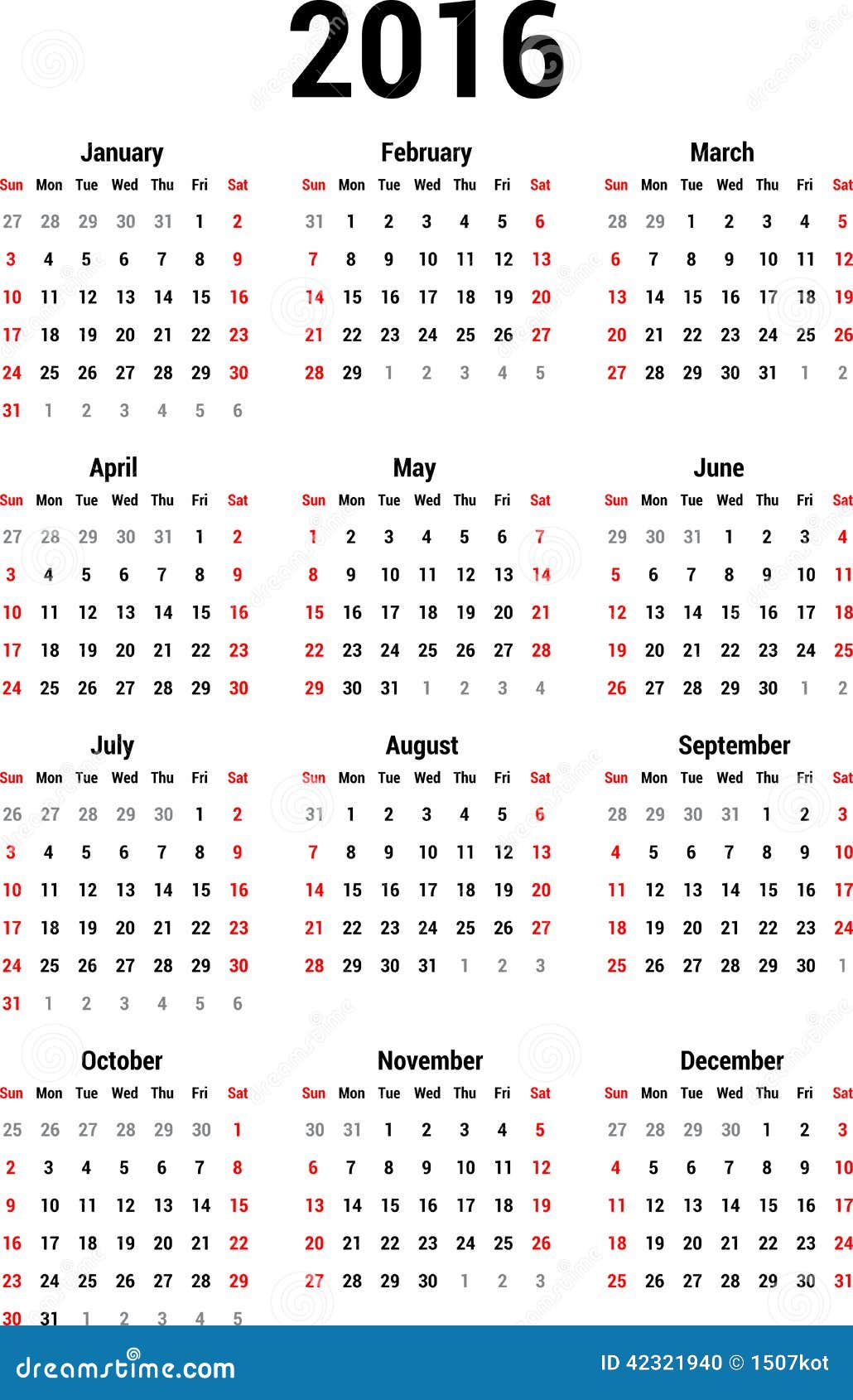 Kalender 2016 vektor abbildung. Illustration von bild - 42321940