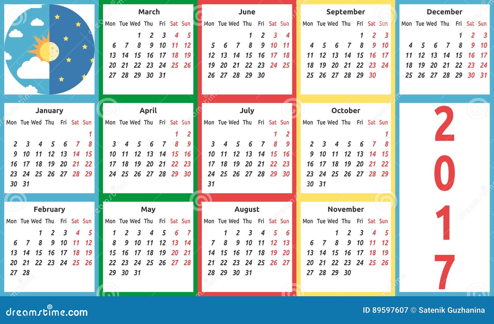 Kalender 2017, dag, nacht vector illustratie. Illustration of kleurrijk ...