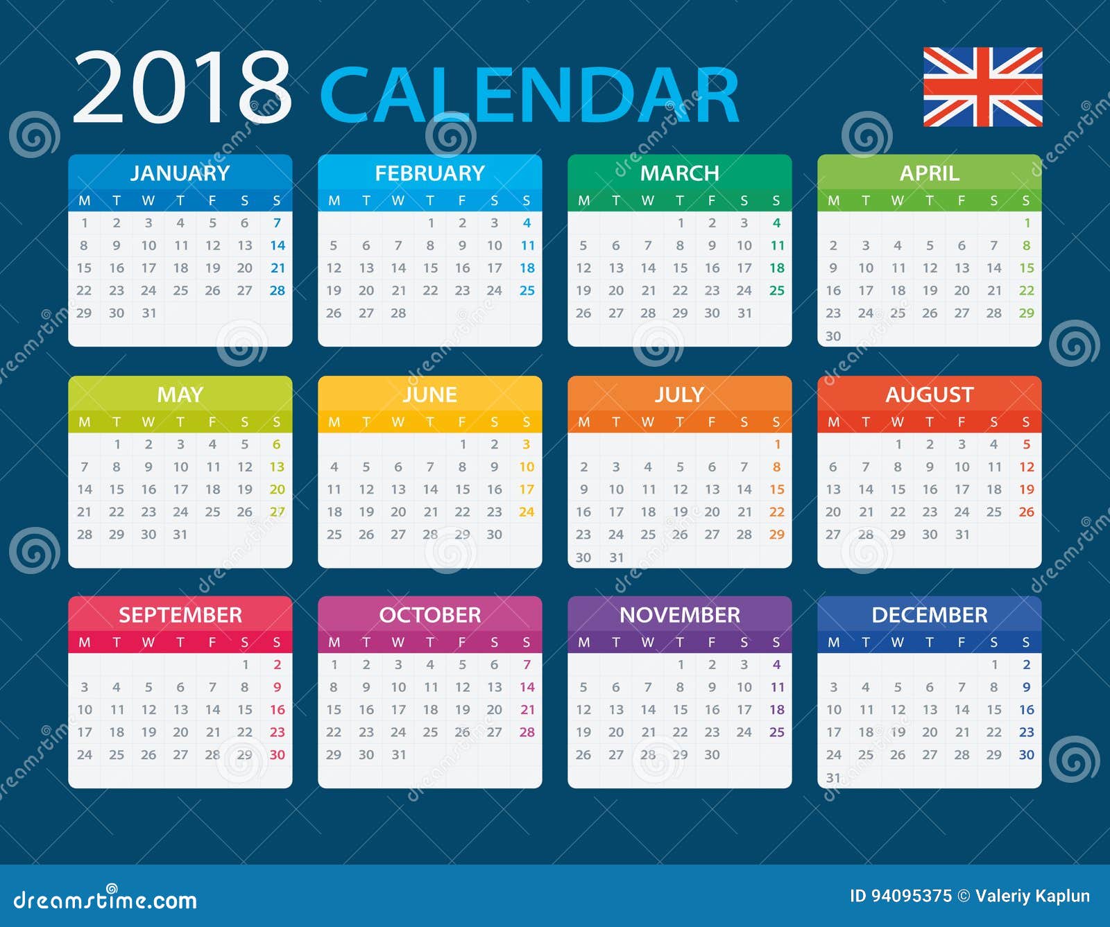 Kalender 2018 - Engelsk Version Stock Illustrationer - Illustration av ...