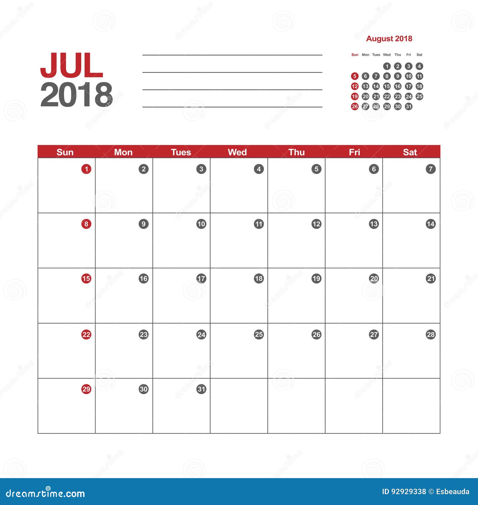 Kalender für Juli 2018 vektor abbildung. Illustration von täglich ...