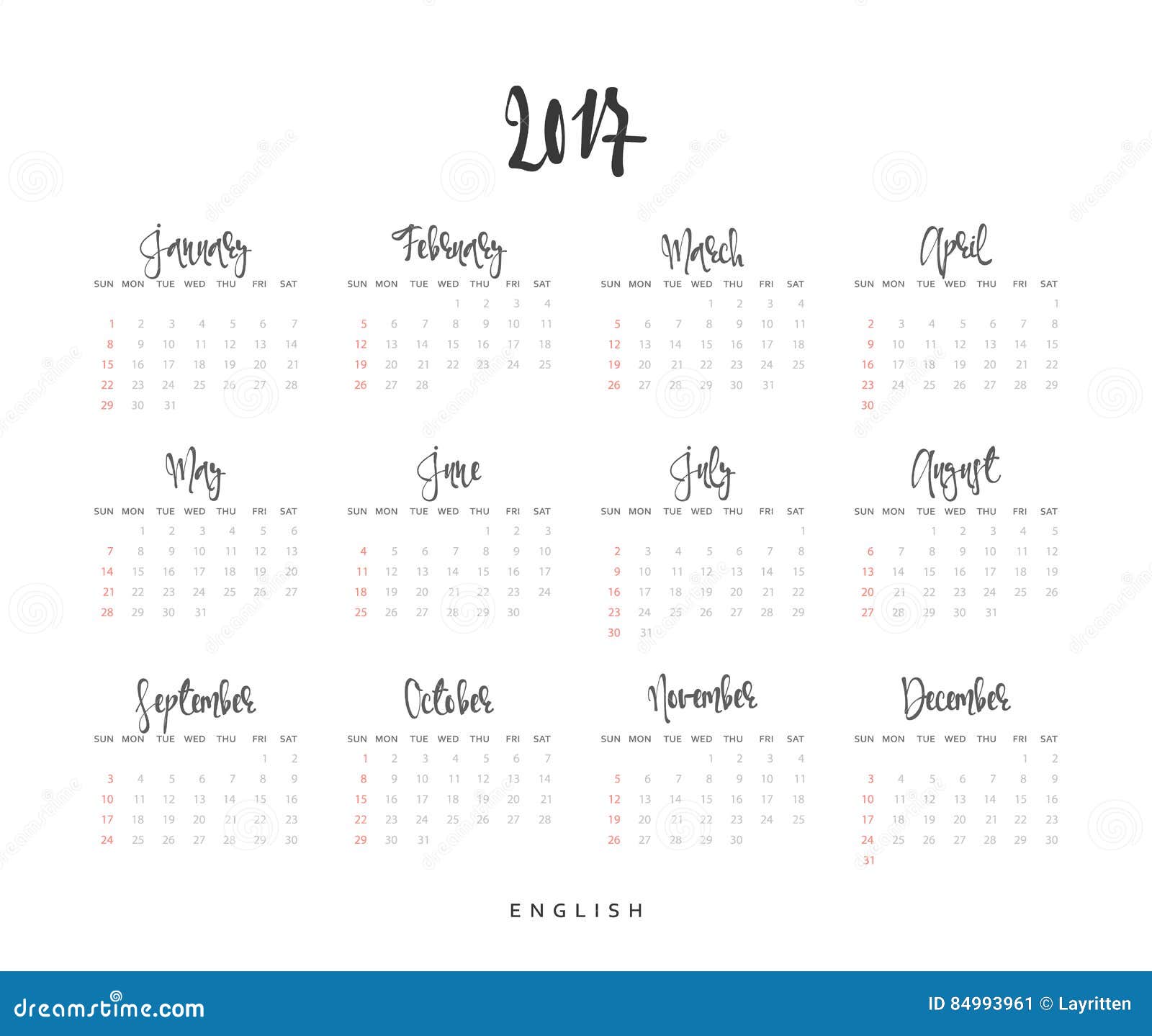 Kalender 2017 in Het Engels De Week Begint Van Zondag Vector ...