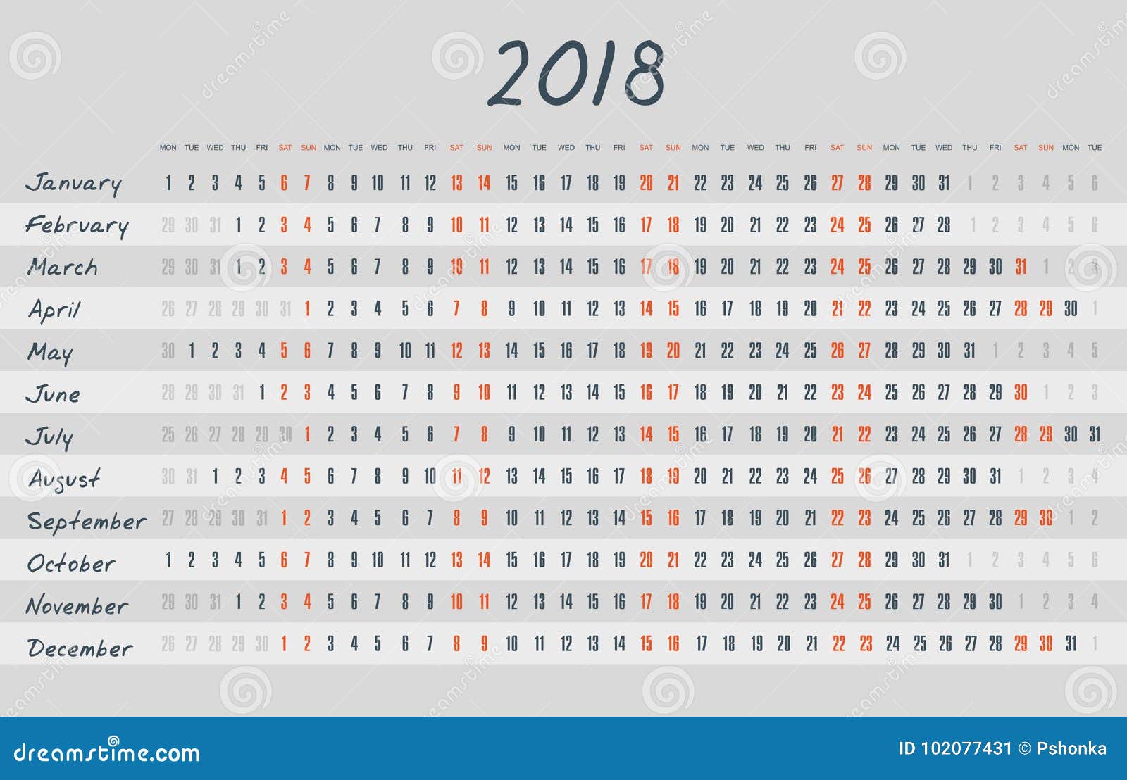 Kalender 2018 Jaar De Week Begint Van Zondag Vector Illustratie ...