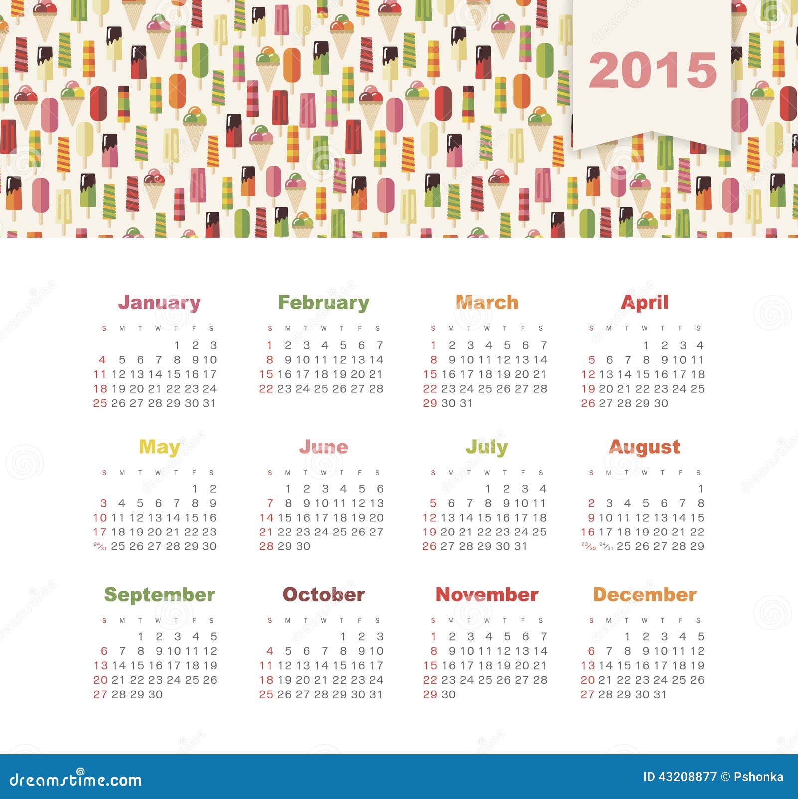 Kalender 2015 Jaar Met Gekleurd Roomijs Vector Illustratie ...