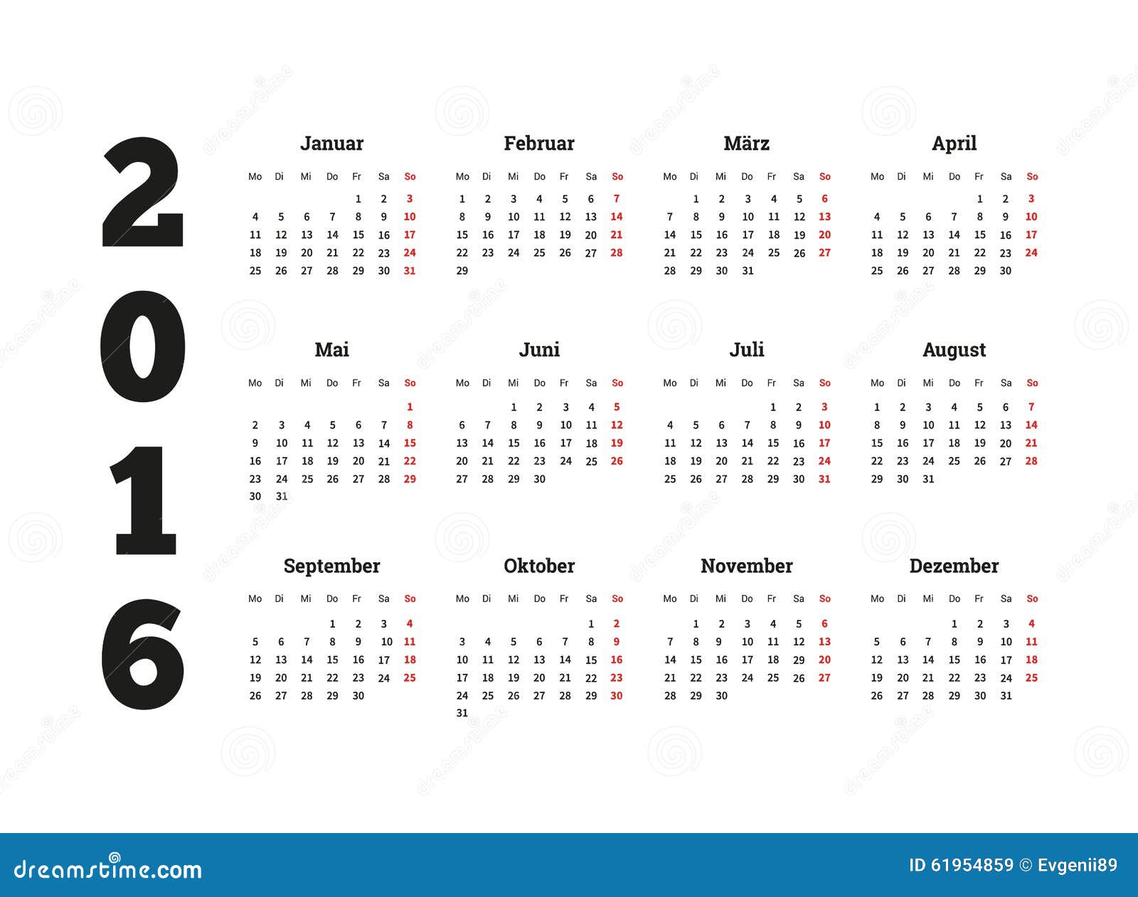 Kalender 2016 Jaar Op Duitstalig, A4 Blad Vector Illustratie ...