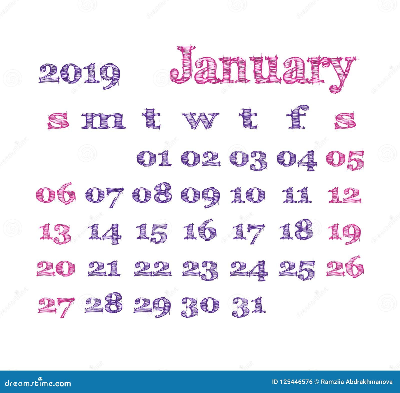 Kalender Januari 2019 Vector Malplaatje Engelse Kalender Week S Stock ...