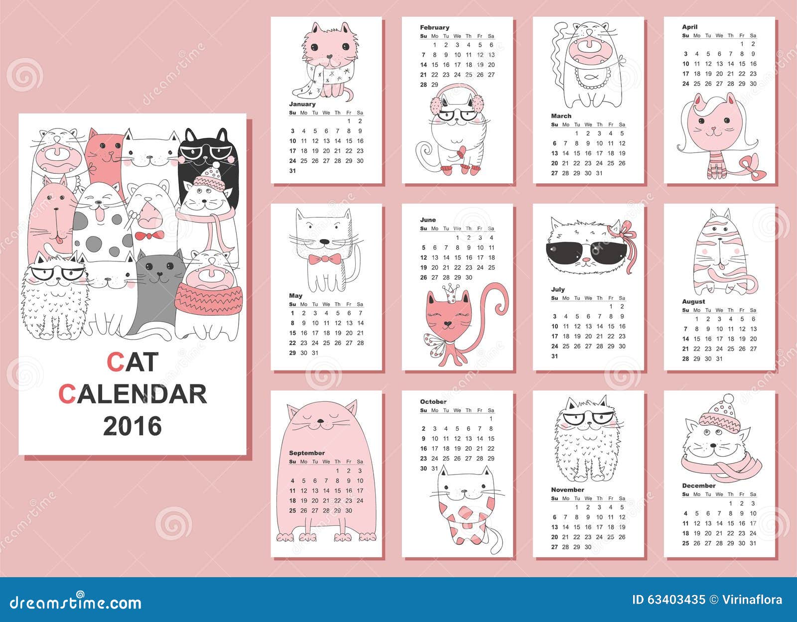 Kalender 2016 Leuke Katten Voor Elke Maand Vector Illustratie ...