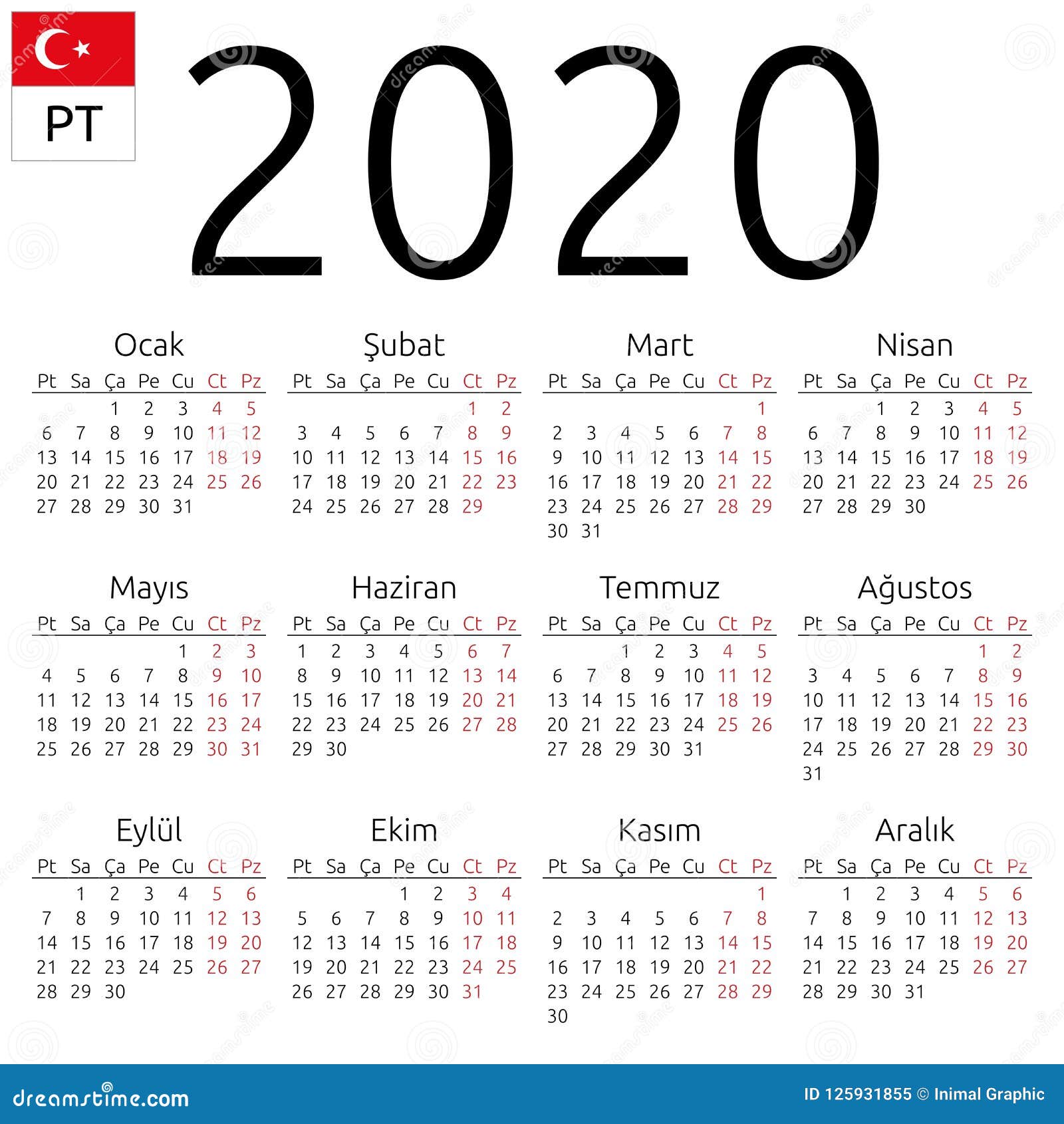 Kalender 2020, Turk, Måndag Vektor Illustrationer - Illustration av ...
