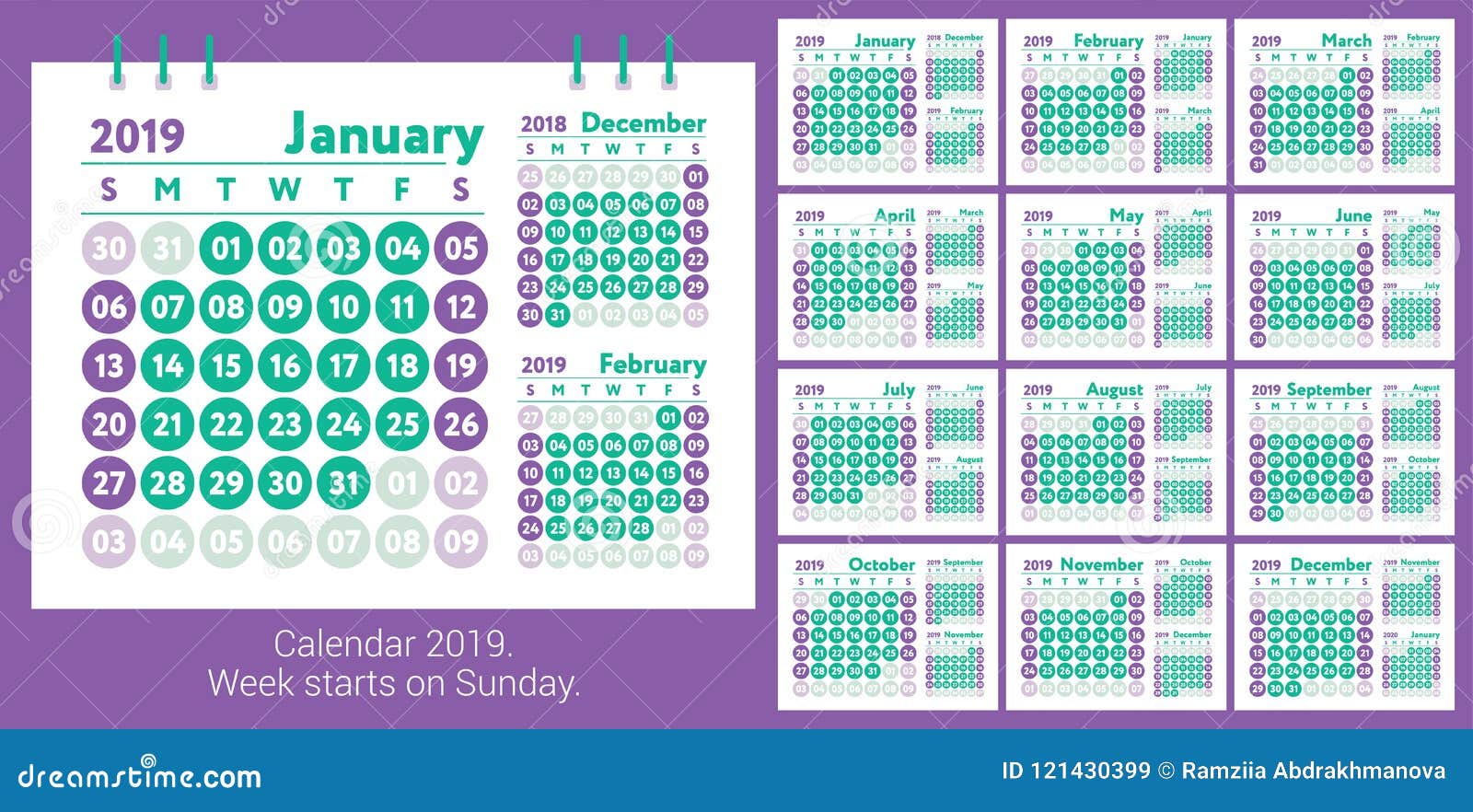 Kalender 2019 Vector Engelse Kalender Januari, Februari, Maart Stock ...