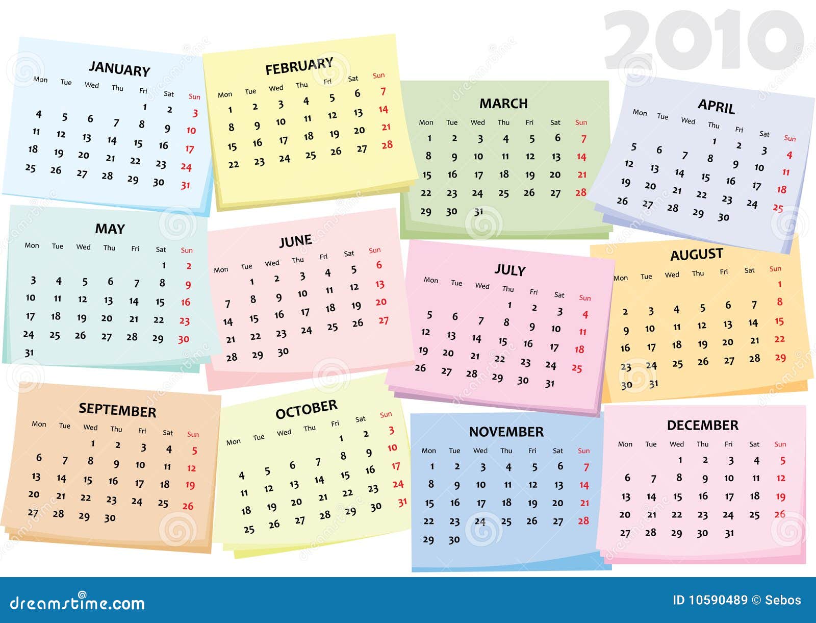 Kalender Voor 2010 Van Kleverige Nota's Vector Illustratie ...