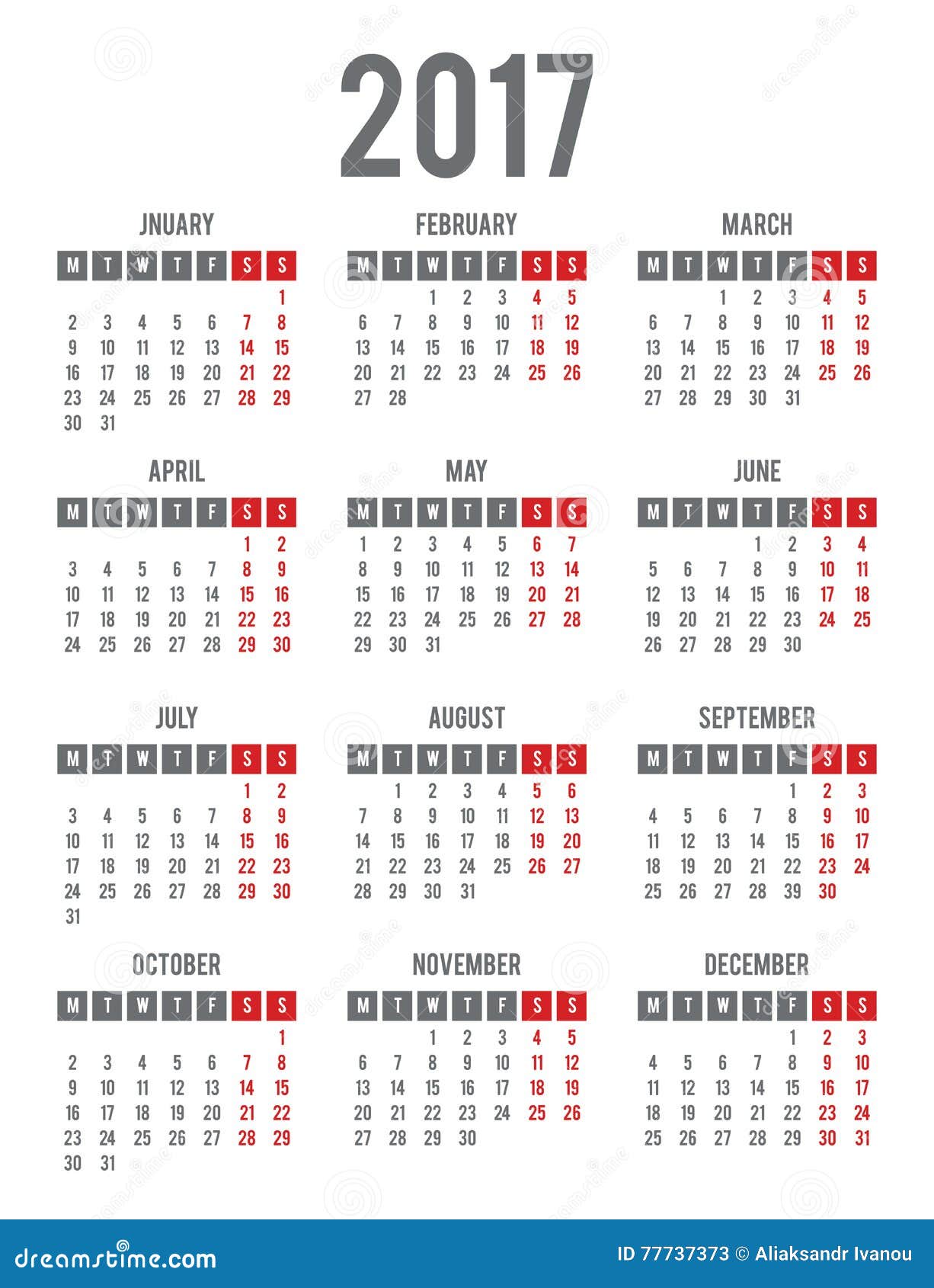 Kalender Voor 2017 De Week Begint Maandag Vector Illustratie ...