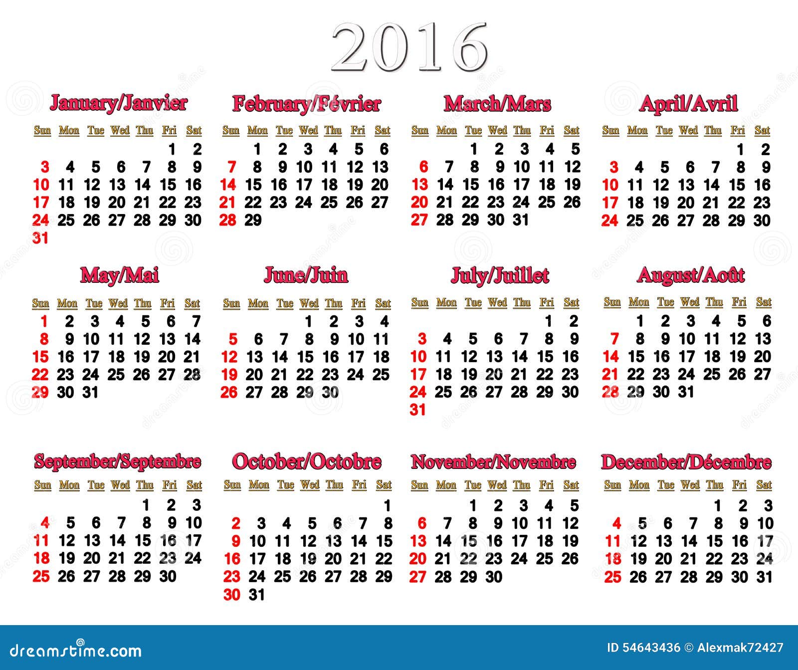 Kalender Voor 2016 in Het Engels En Het Frans Stock Illustratie ...
