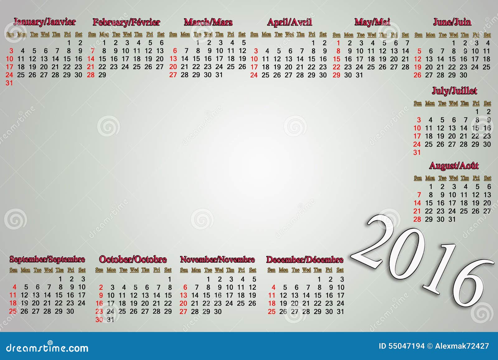 Kalender Voor 2016 in Het Engels En Het Frans Op Bleek Stock ...