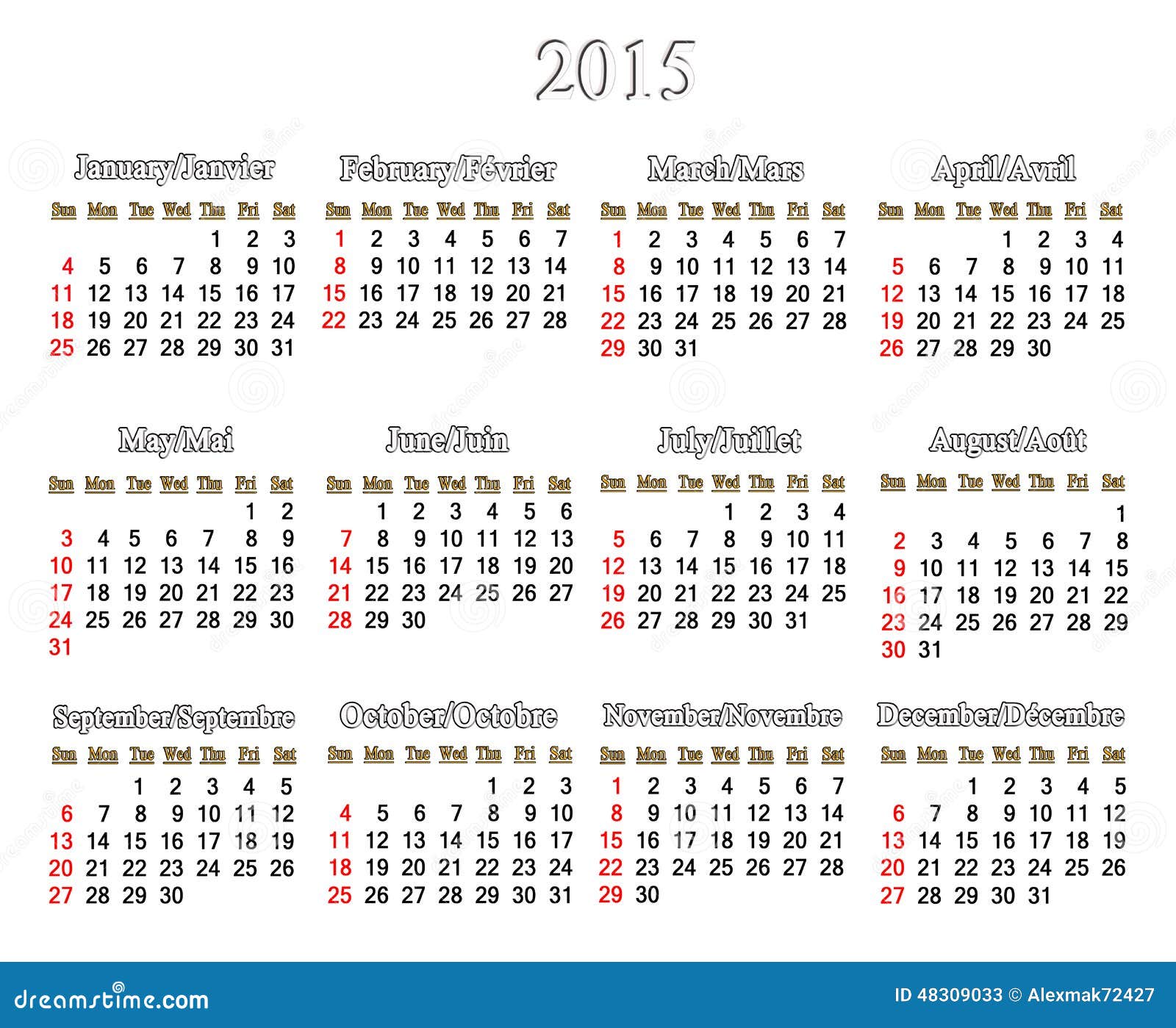 Kalender Voor Het Jaar Van 2015 in Het Engels En Het Frans Stock ...