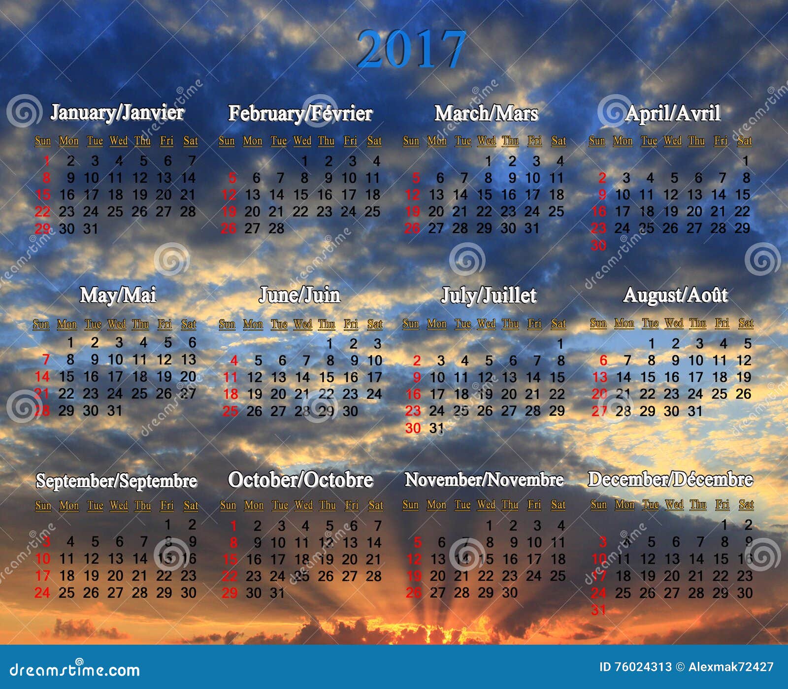 Kalender Voor Het Jaar Van 2017 in Het Engels En Het Frans Stock ...