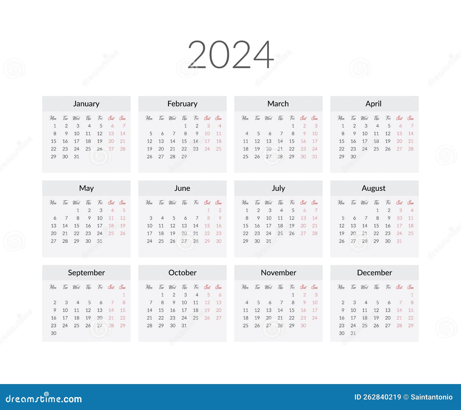 Kalendervorlage 2024. Vektorgrafik Vektor Abbildung - Illustration von ...