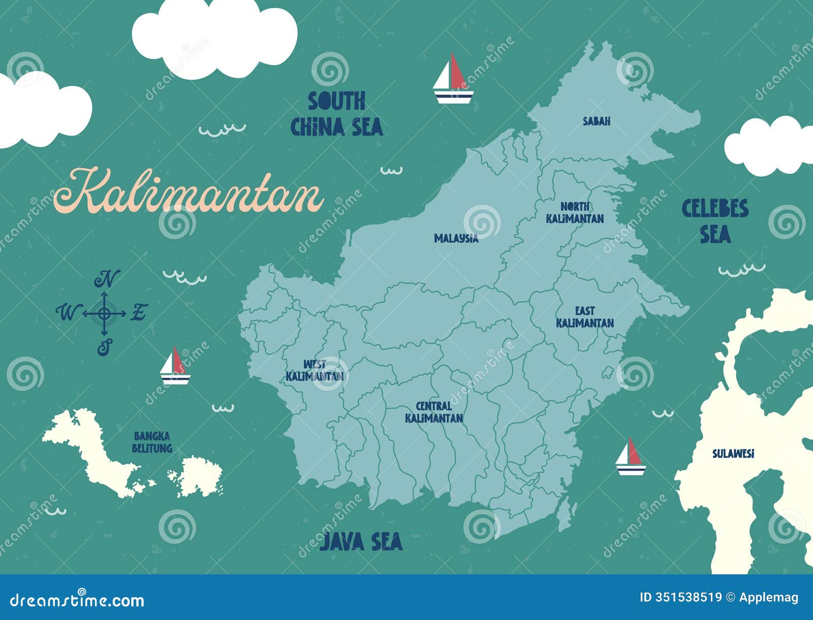 Colorful Indonesia Province, Kalimantan Map Featuring State Names ...