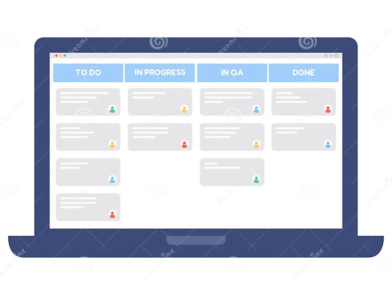 Kanban Board on Notebook Screen. To Do, in Progress, in Qa, Done Stages ...