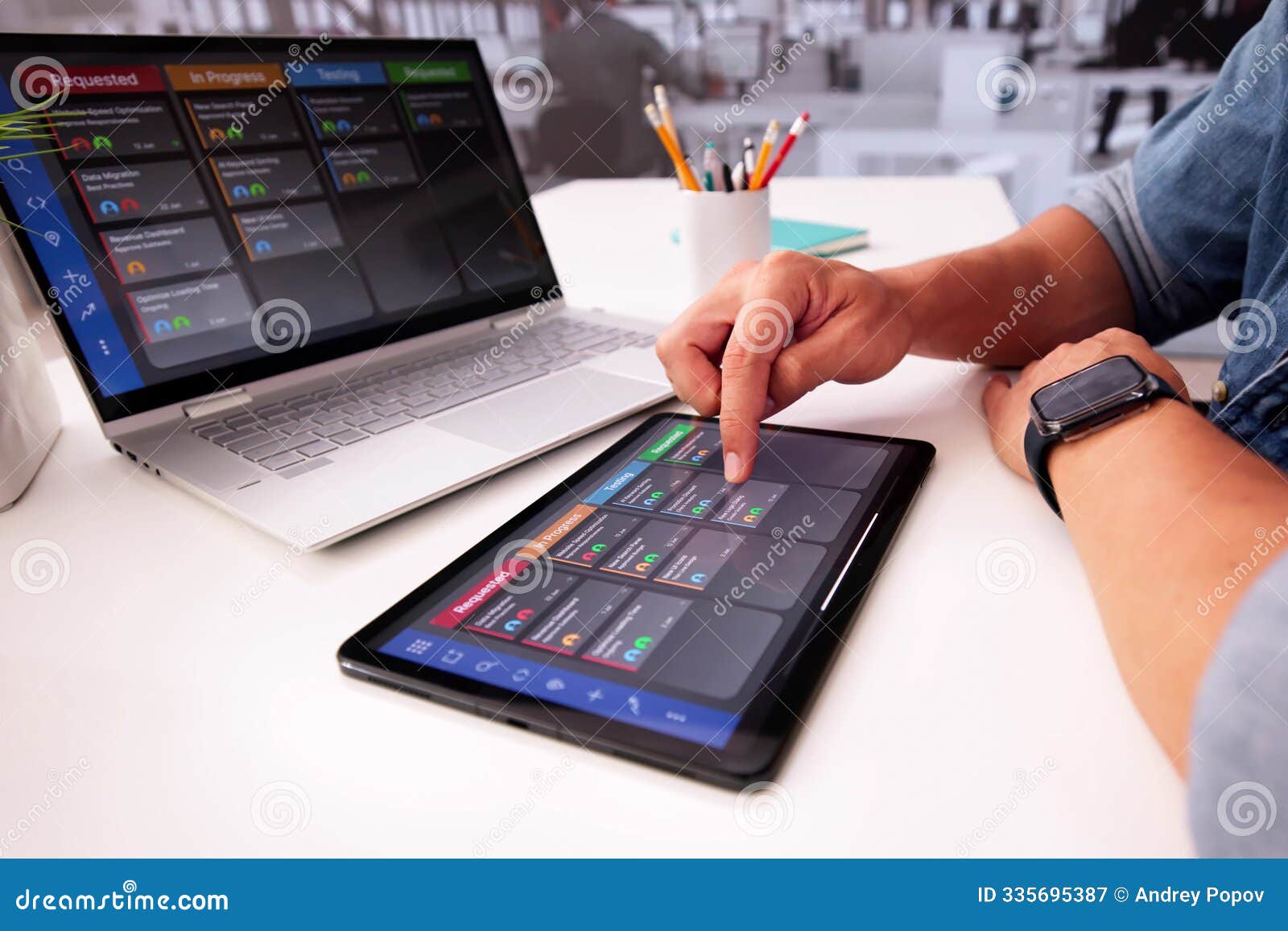 Kanban Project Management Software on Laptop Stock Image - Image of ...