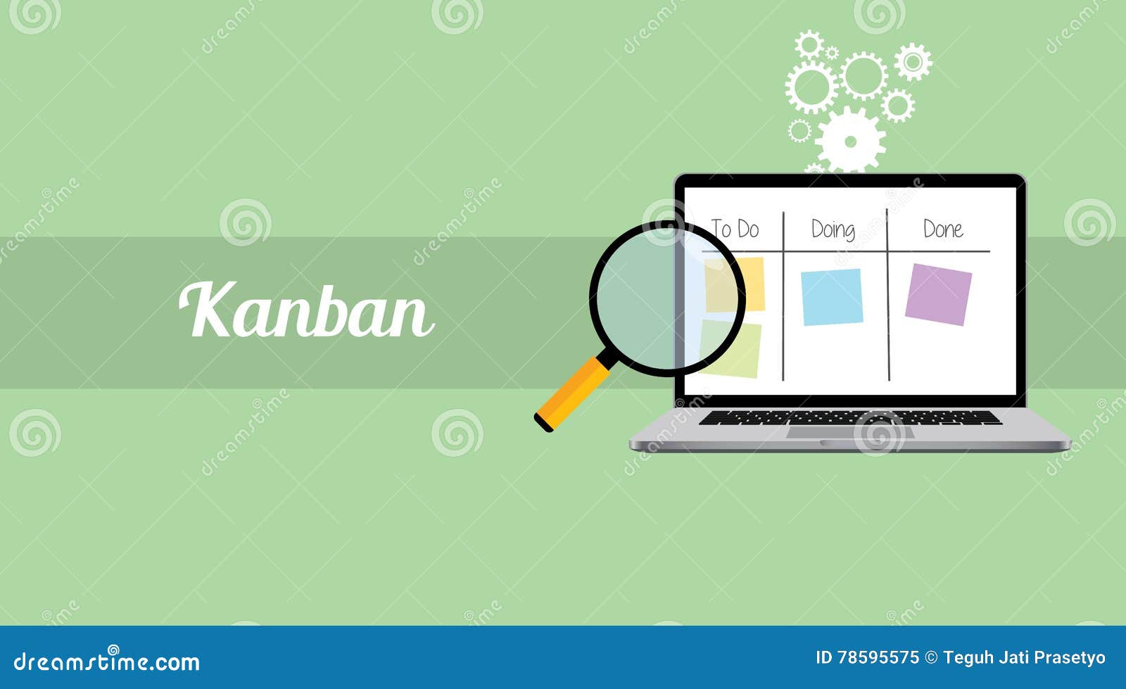 Kanban Workflow Project Management with Laptop and Magnifying Glass ...