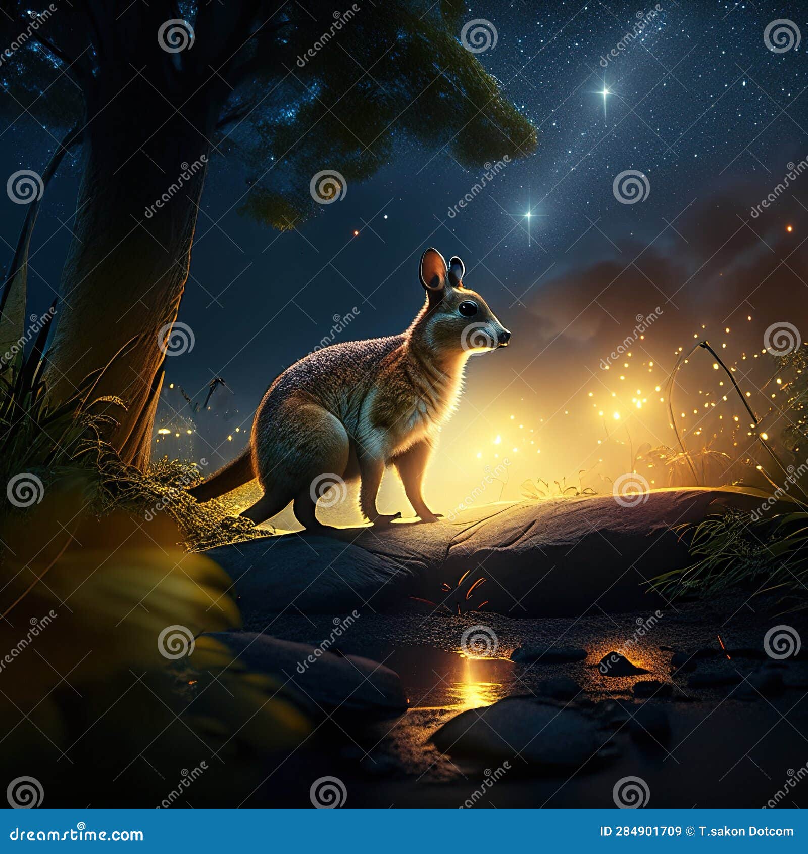 Kangaroo in the Forest at Night. 3D Rendering Stock Illustration ...