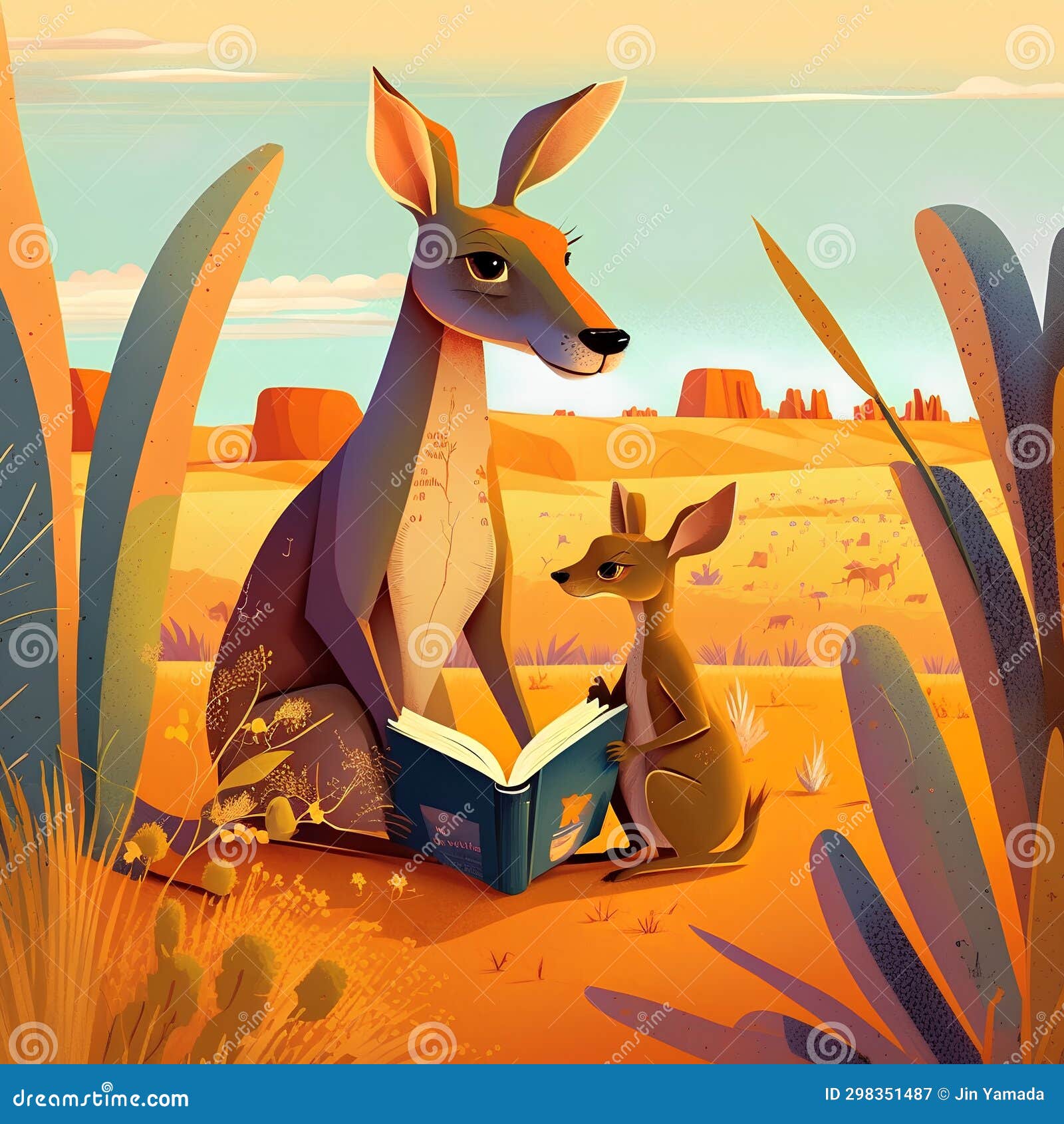 Kangaroos Reading A Book In The Desert At Sunset Illustration Royalty ...