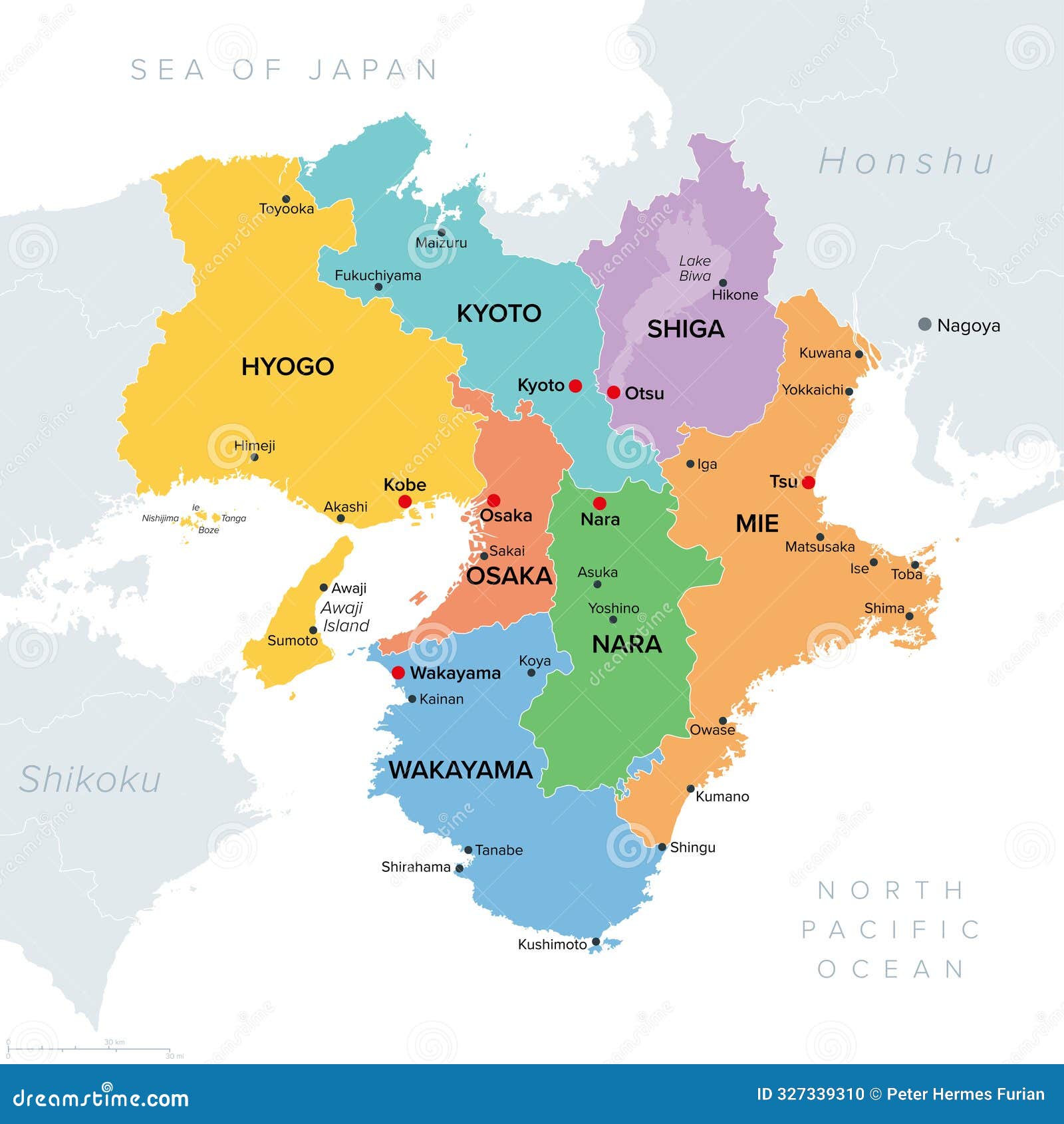 Kansai Region, or Kinki Region in Japan, Colored Political Map Stock ...