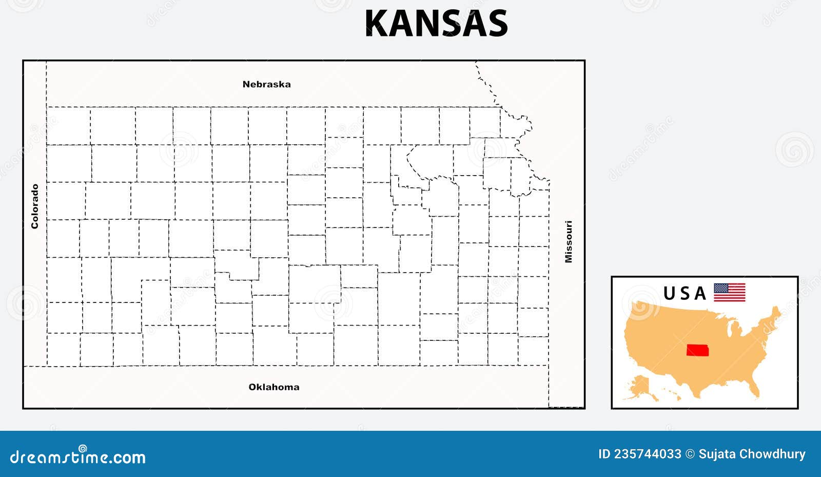 Kansas Map. Political Map Of Kansas With Boundaries In Outline Cartoon ...