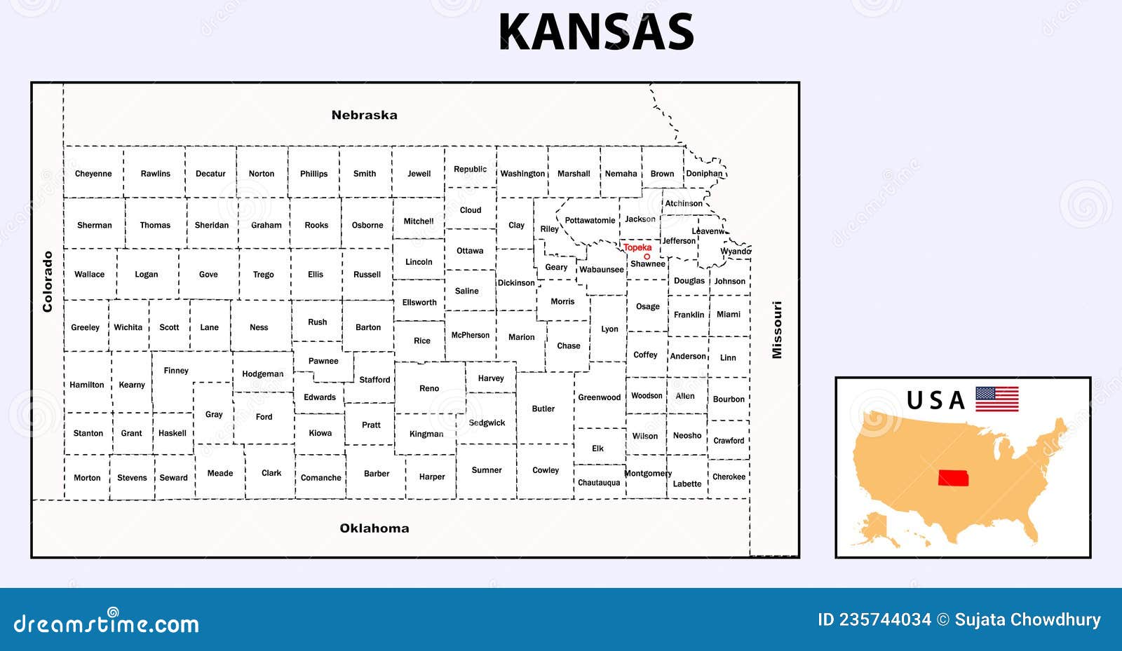 Kansas Map. Political Map of Kansas with Boundaries in White Color ...
