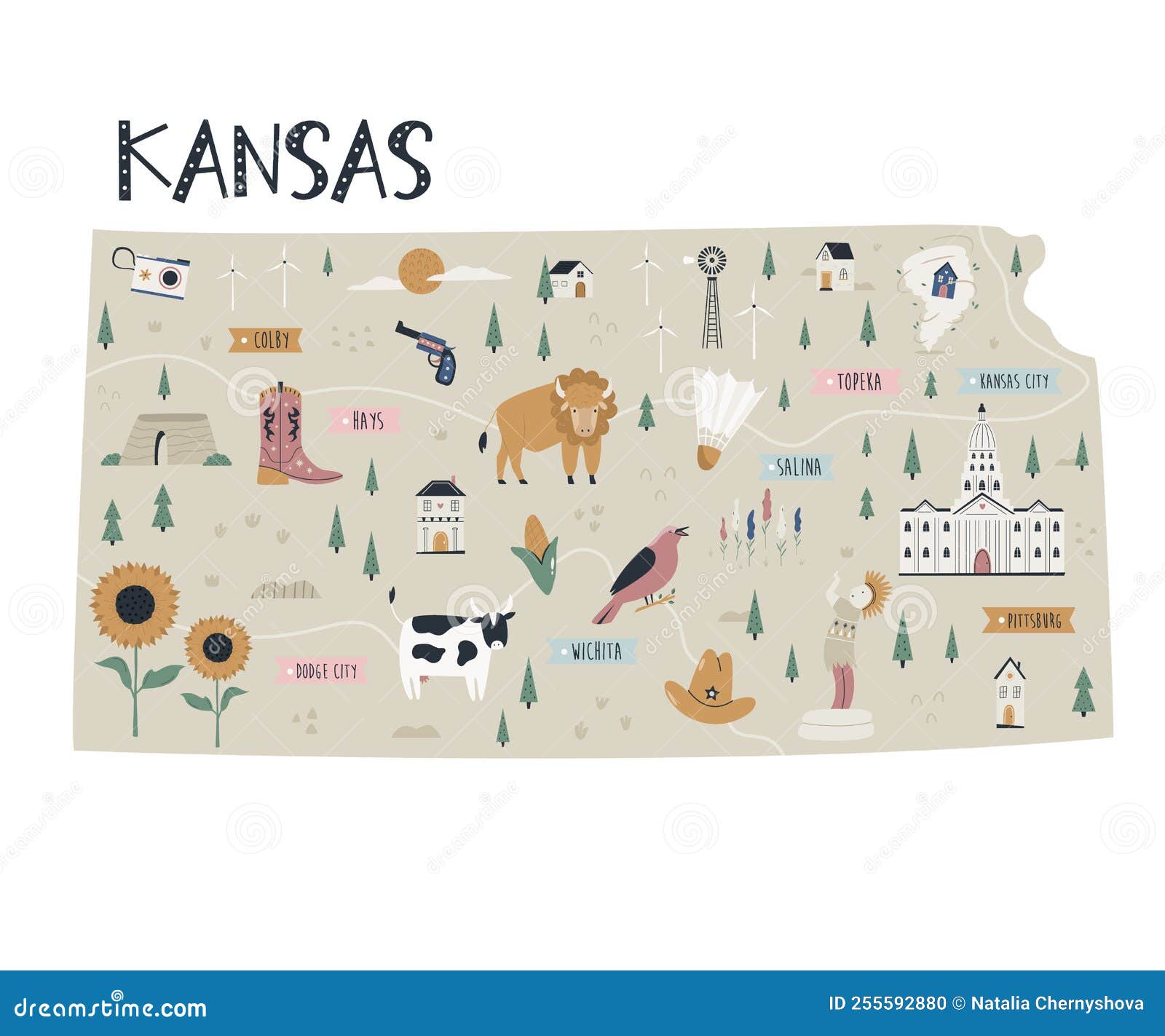 Kansas Map State with Landmarks and Symbols. Stock Illustration ...