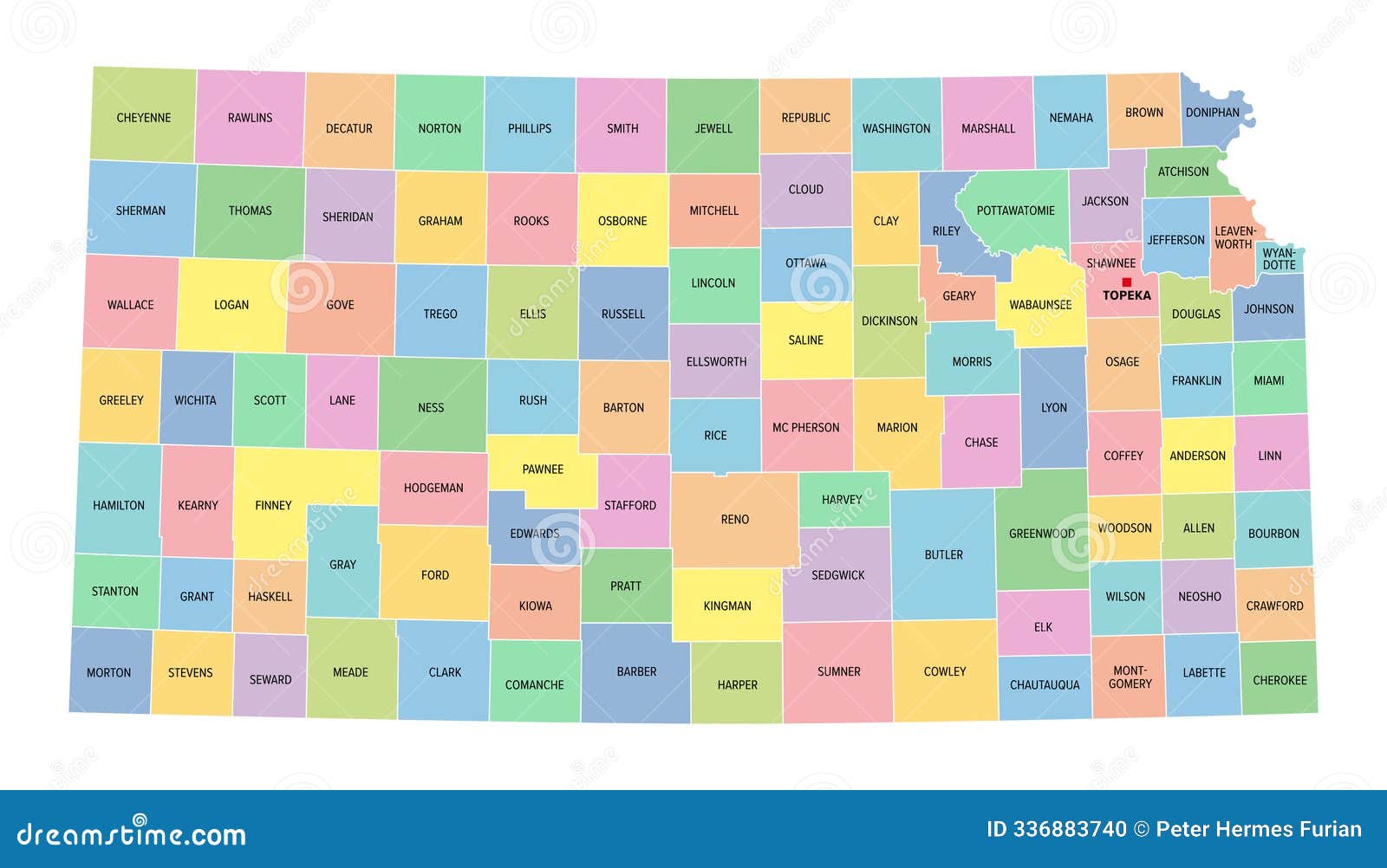 Kansas, U.S. State, Subdivided into 105 Counties, Multi Colored Map ...