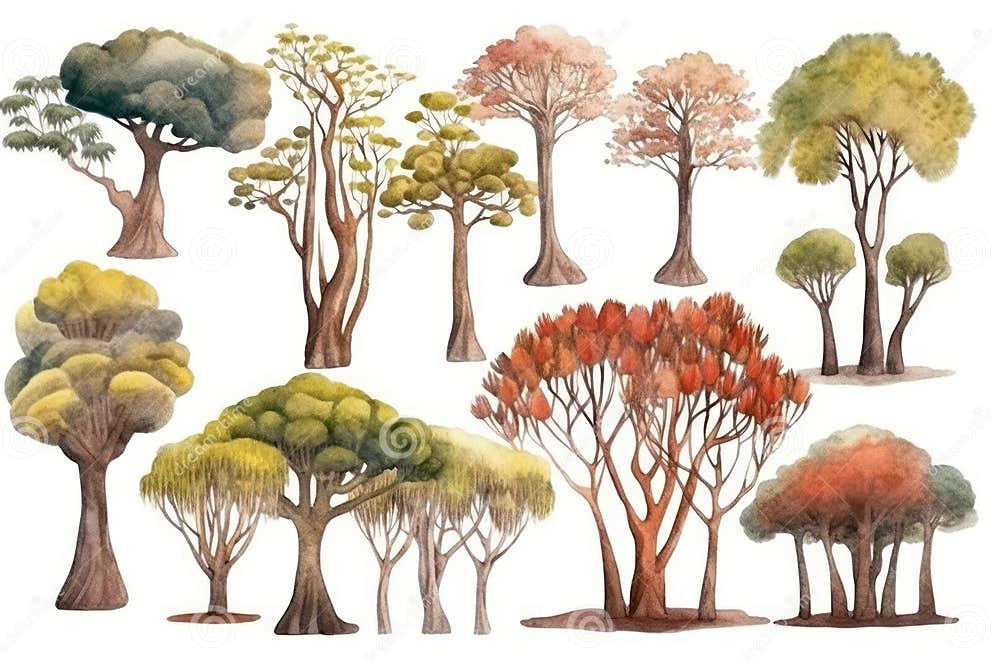 Kapok Tree Forest Collection: Hand-Drawn Trees Pack . Stock ...