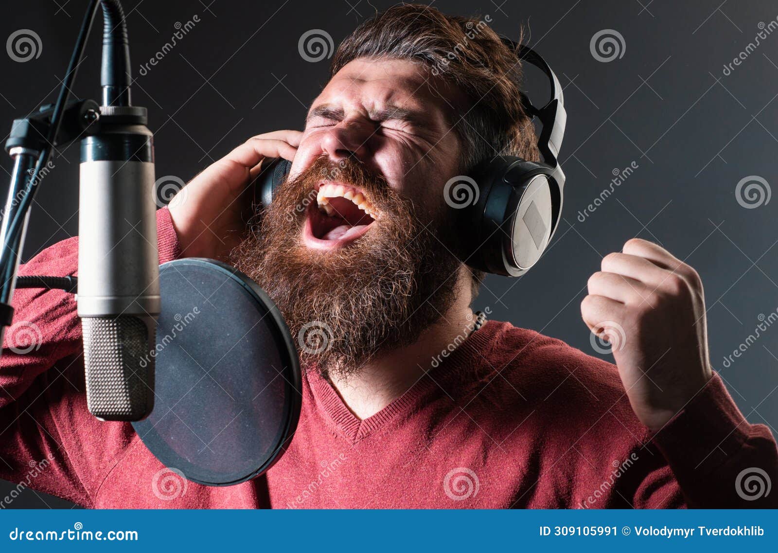 Karaoke Singer. Man Singing with Music Microphone. Expression Face ...