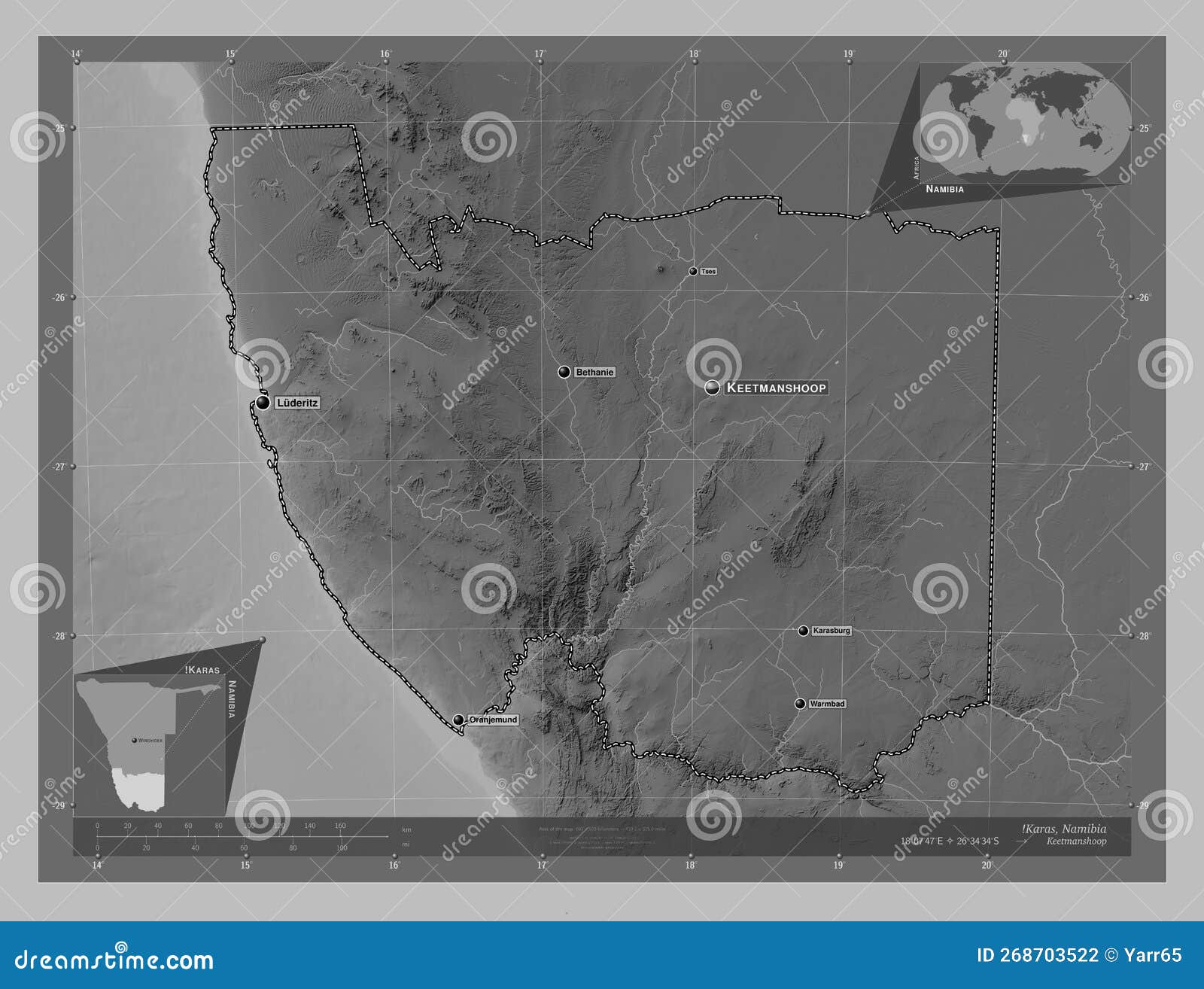 !Karas, Namibia. Grayscale. Labelled Points of Cities Stock ...