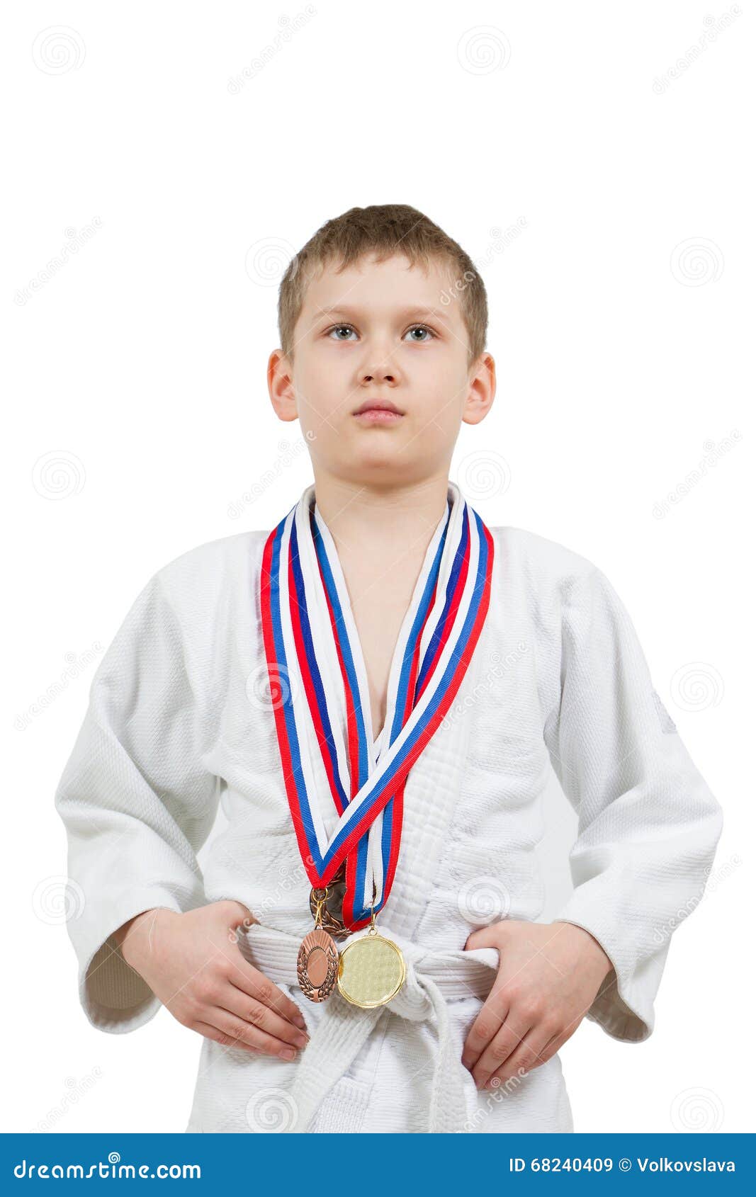 Karate Boy in White Kimono with Medals Fighting Stock Image - Image of ...